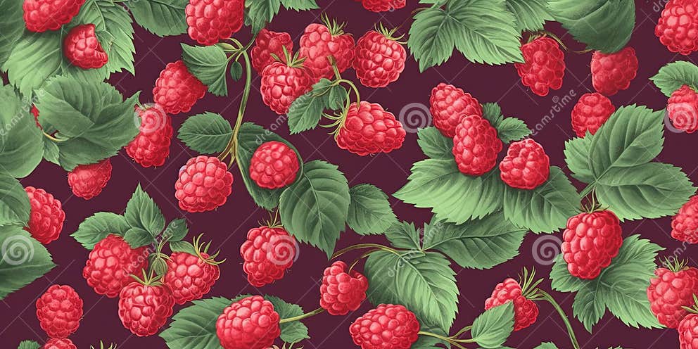 Raspberry Pattern with Leaves on Red Background, Pattern Design Stock ...