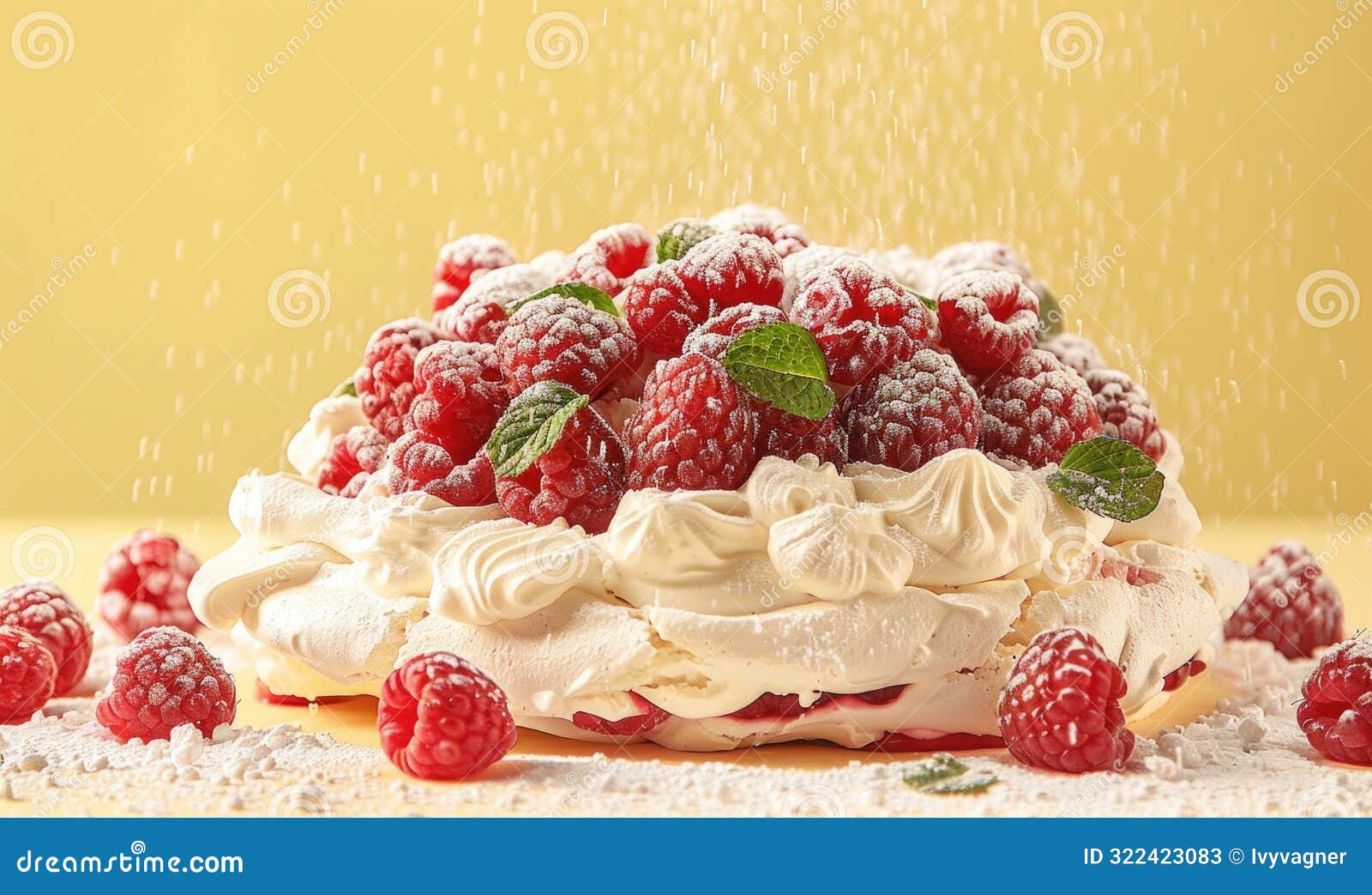 Raspberry Pavlova on a Light Yellow Backdrop Stock Image - Image of ...