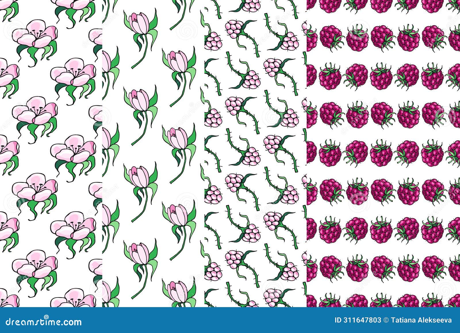 Raspberry and Pink Flowers. Floral Design. Set of Seamless Pattern ...