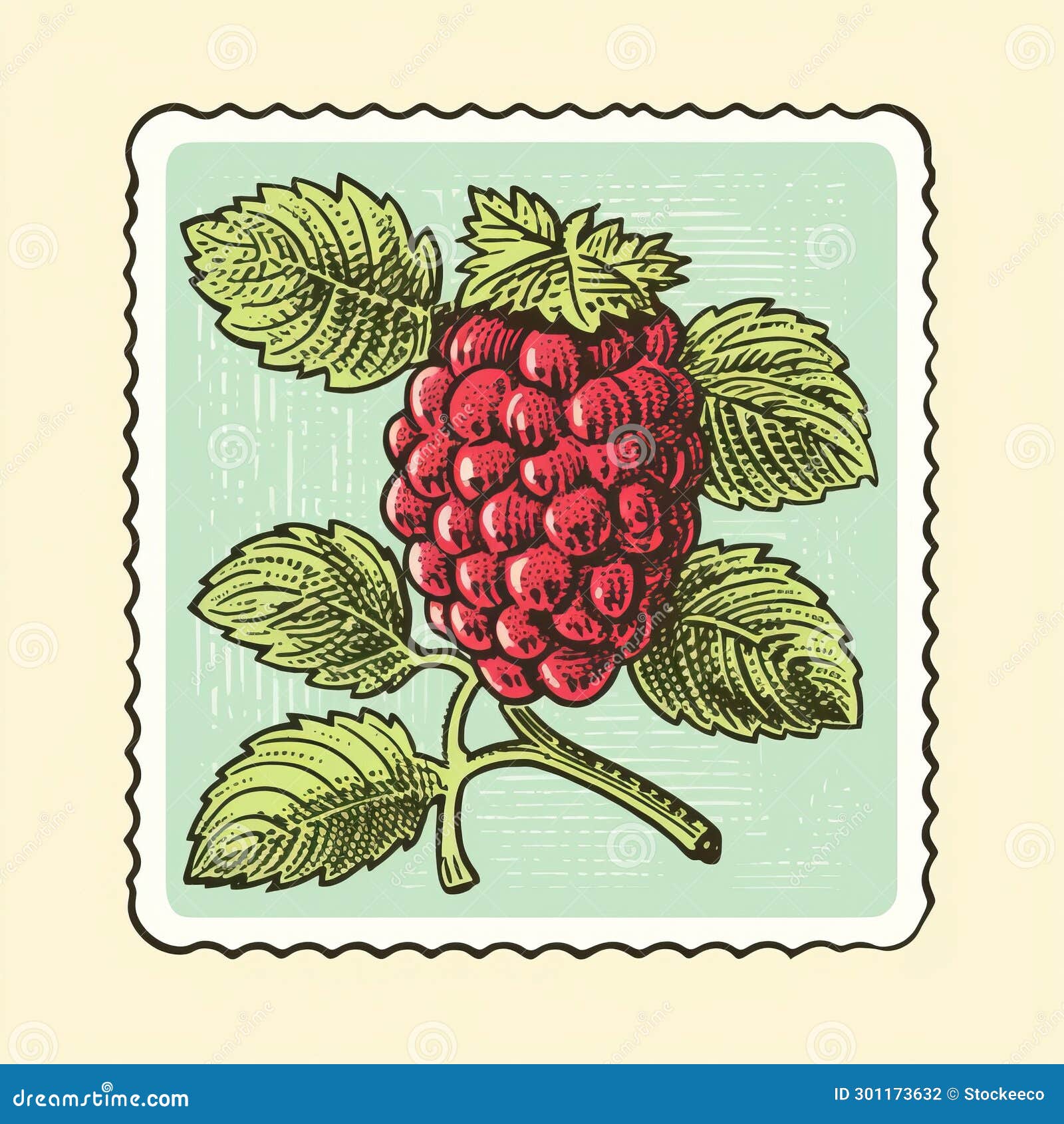 Raspberry Stamp Design: Mid-century Illustration with Elaborate Borders ...