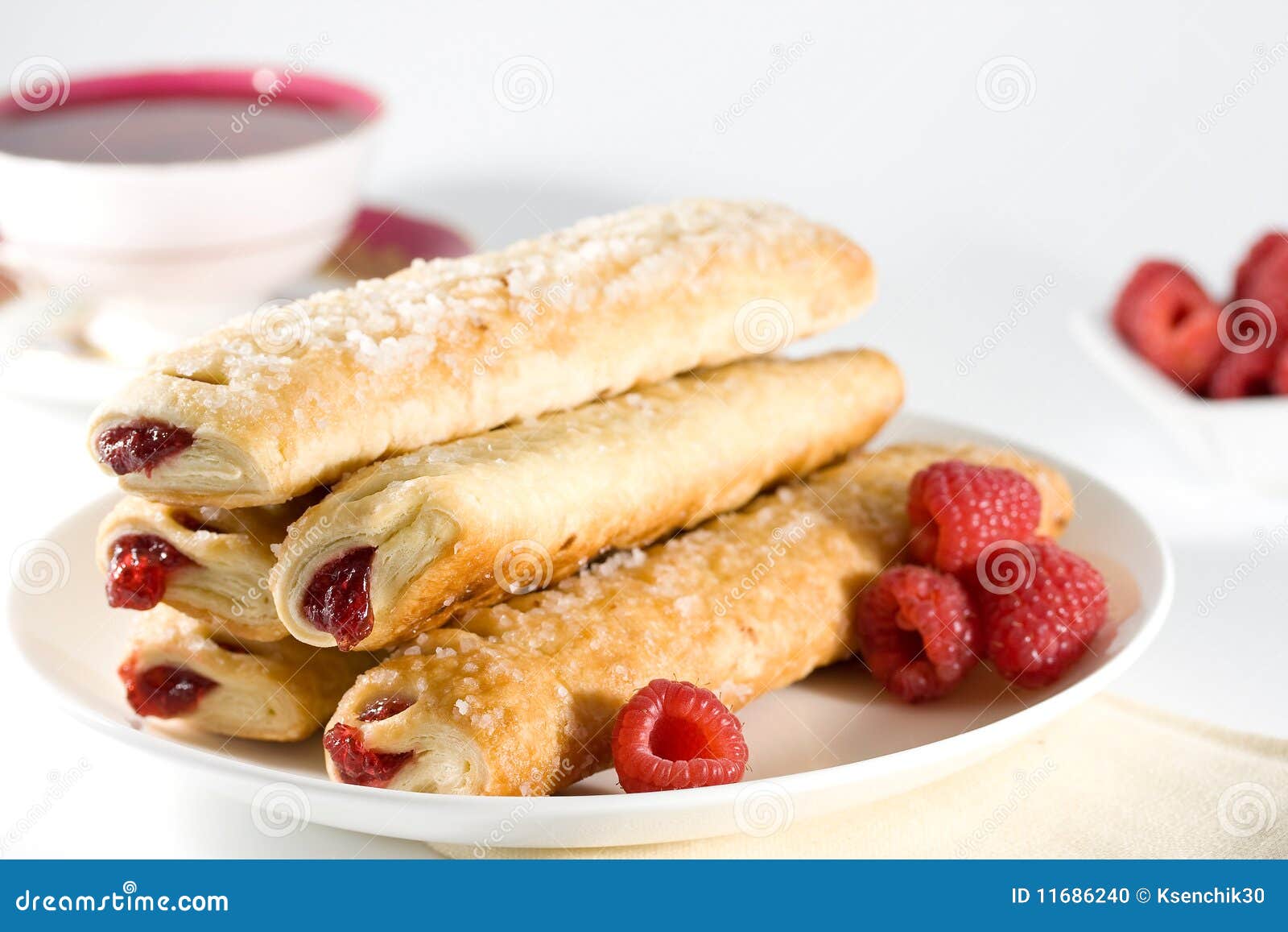Raspberry Sticks Pastry on White Plate Stock Photo - Image of bakery ...
