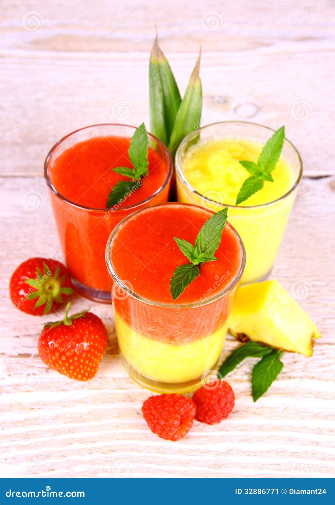 Raspberry, Strawberry and Pineapple Smoothie Mixed, Deco Stock Image ...