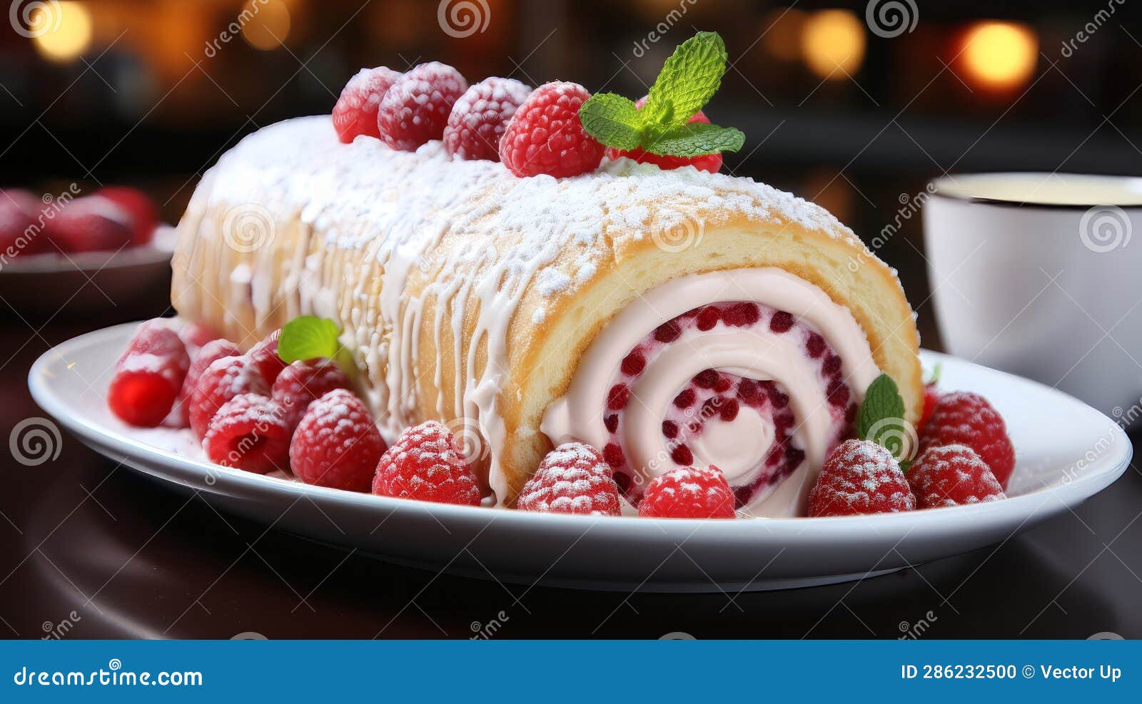 Raspberry Swiss Roll Dessert. Cream Roll Close-up. Generative AI. Stock ...