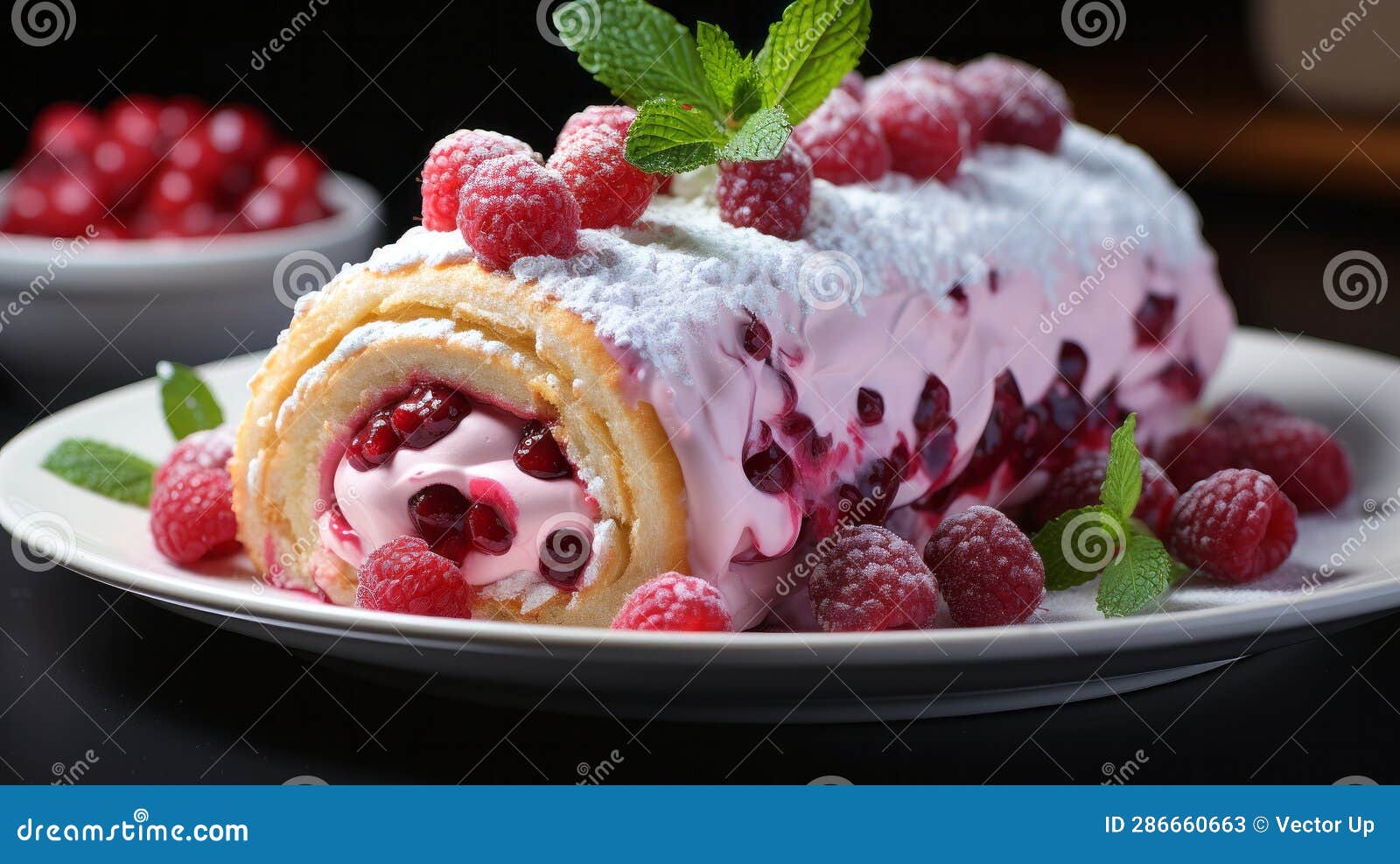 Raspberry Swiss Roll Dessert. Cream Roll Close-up. Generative AI. Stock ...