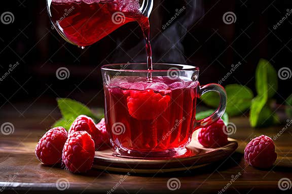 Raspberry Tea into Glass a Deep Red Raspberry Tea is Poured into Stock ...