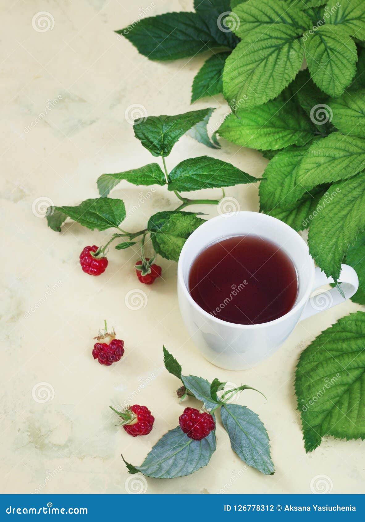 Raspberry Tea with Leaves and Raspberries on a Light Background Stock ...