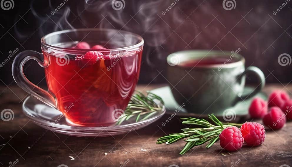 Raspberry Tea with Rosemary Close Up Stock Illustration - Illustration ...