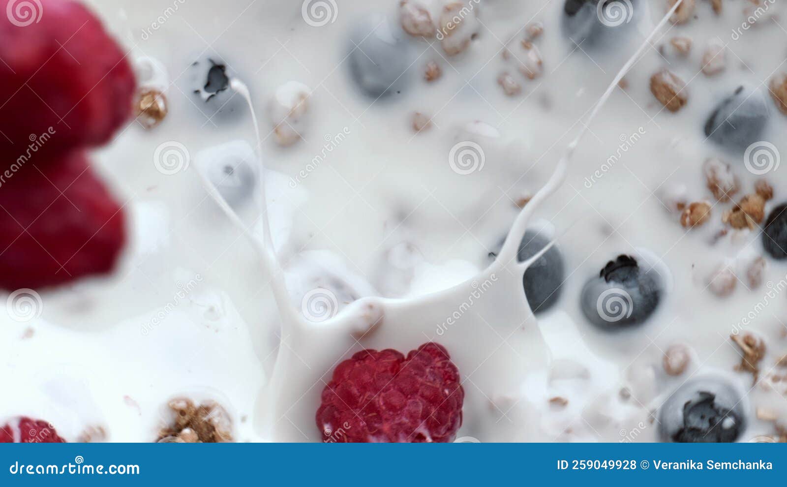 Raspberry Throwing Splashing Yoghurt Top View. Calcium Oat Liquid with ...