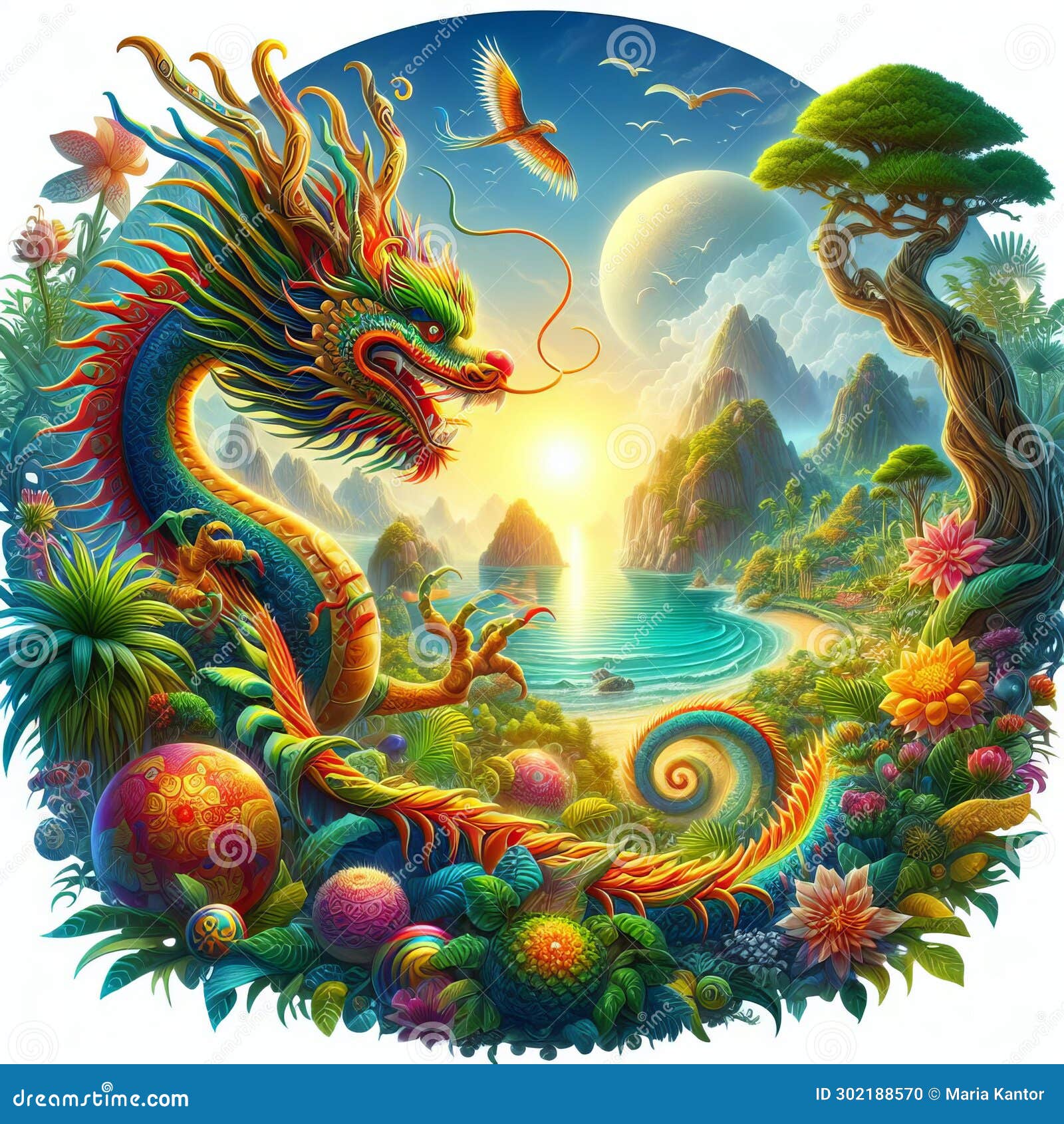 Raster Bitmap Colorful Vivid Dragon Stock Illustration - Illustration ...
