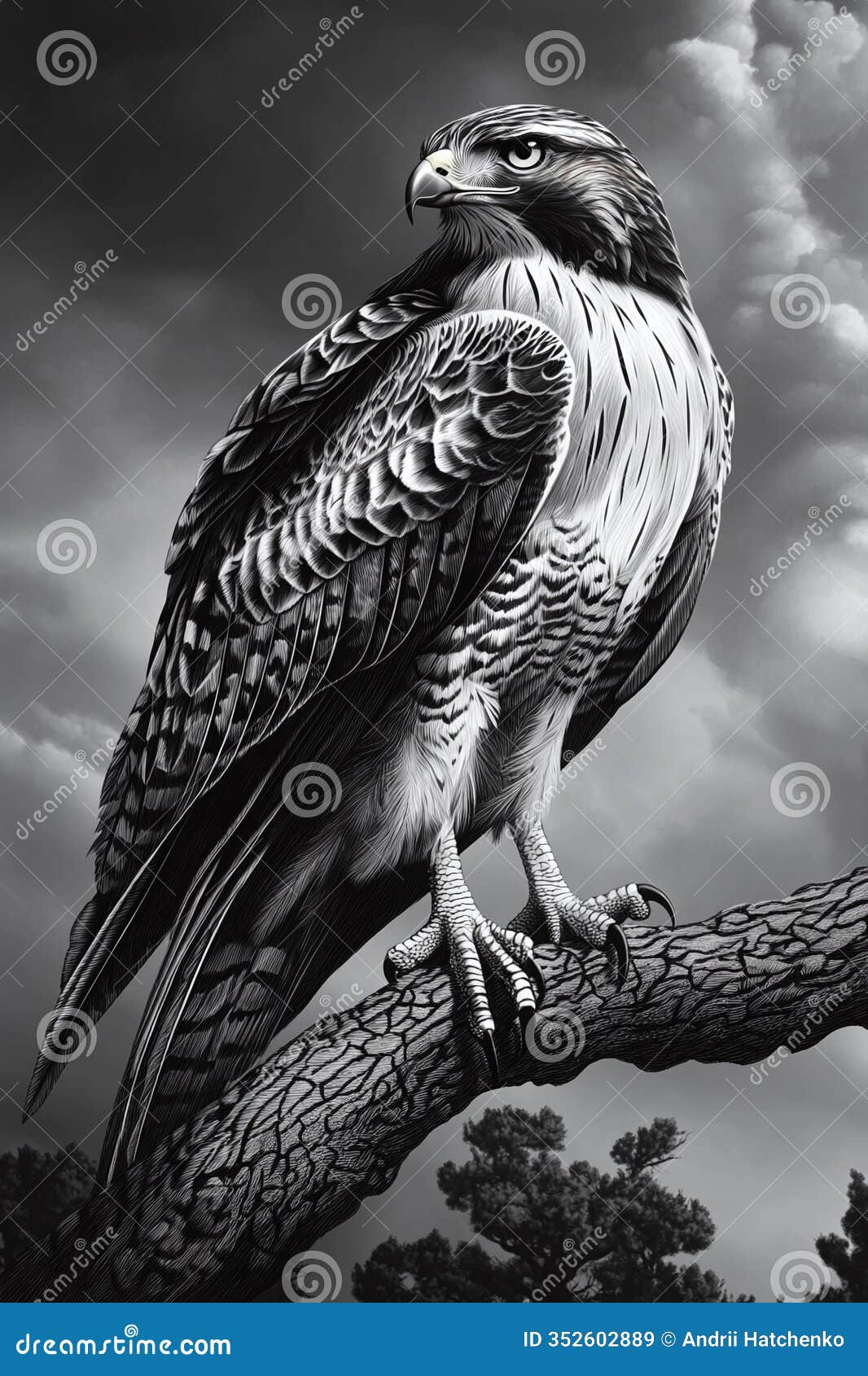 Raster Illustration of a Hawk Perched on a Tree Branch Detailed ...