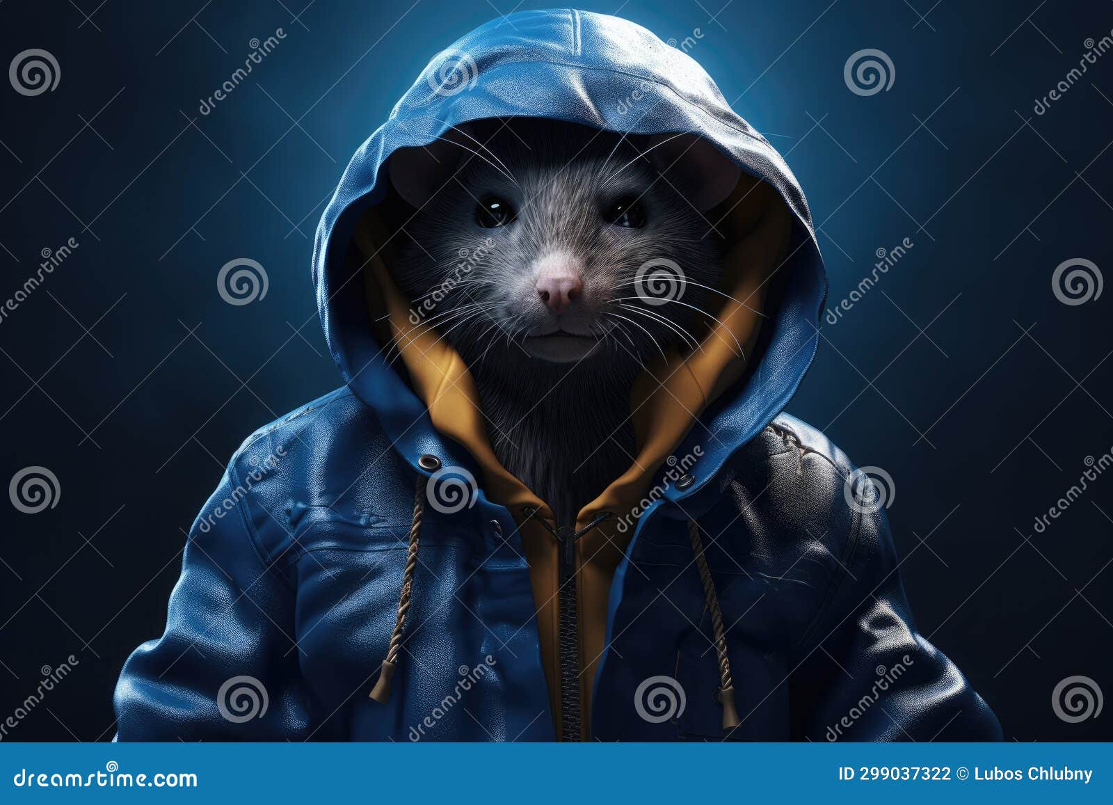A Rat in a Blue Jacket with a Hood on a Dark Background Stock ...