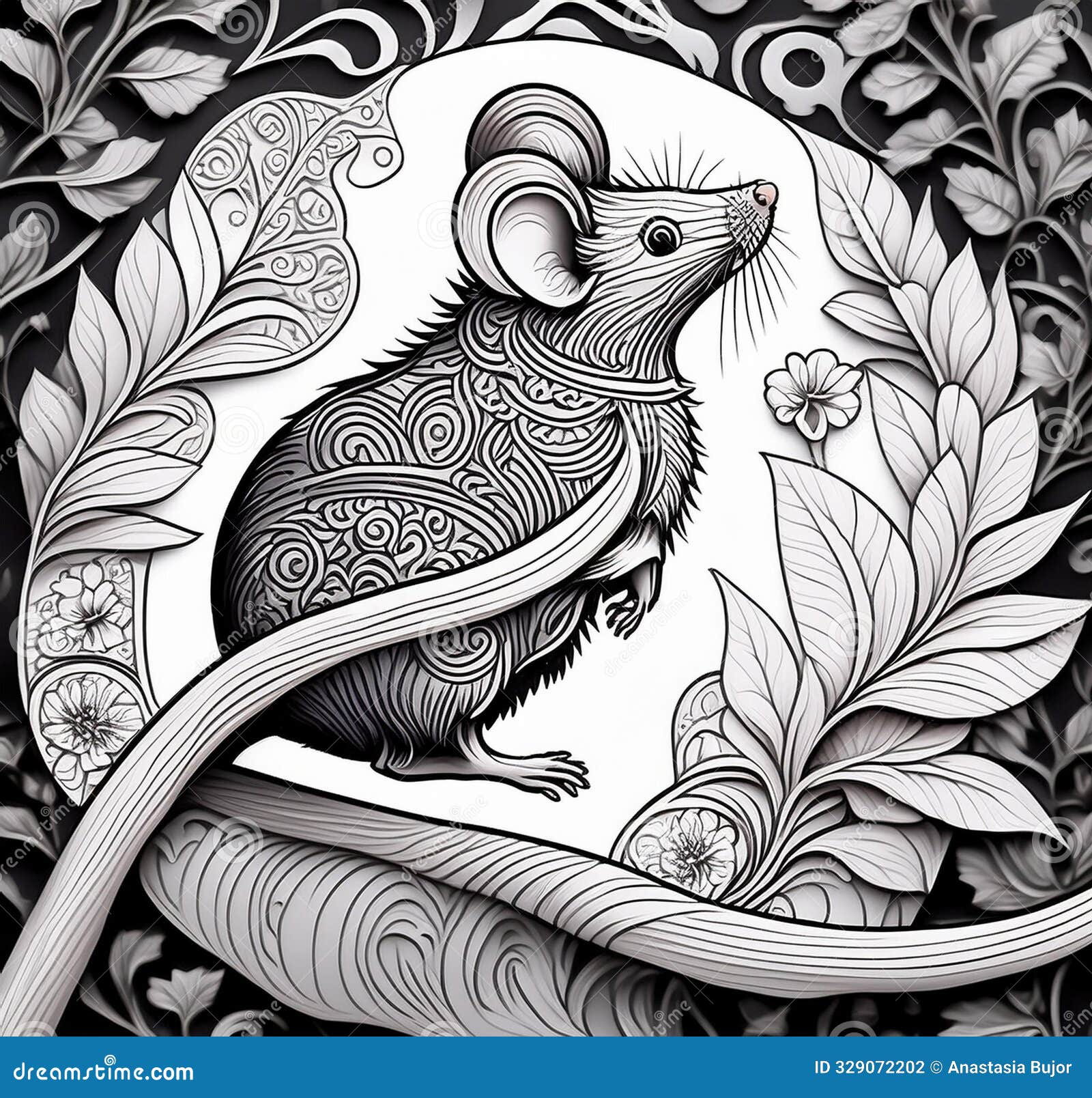 Rat Drawn with Mandala Effect, on a Gray Background Stock Illustration ...