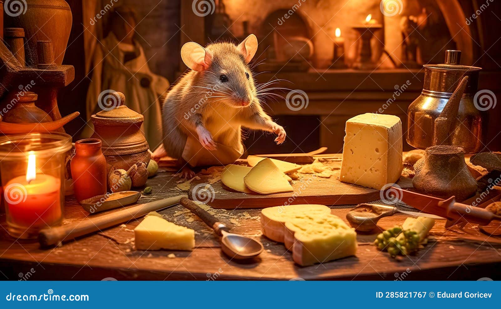Rat in the Kitchen on the Table with Cheese As a Chef, Cartoon Made ...