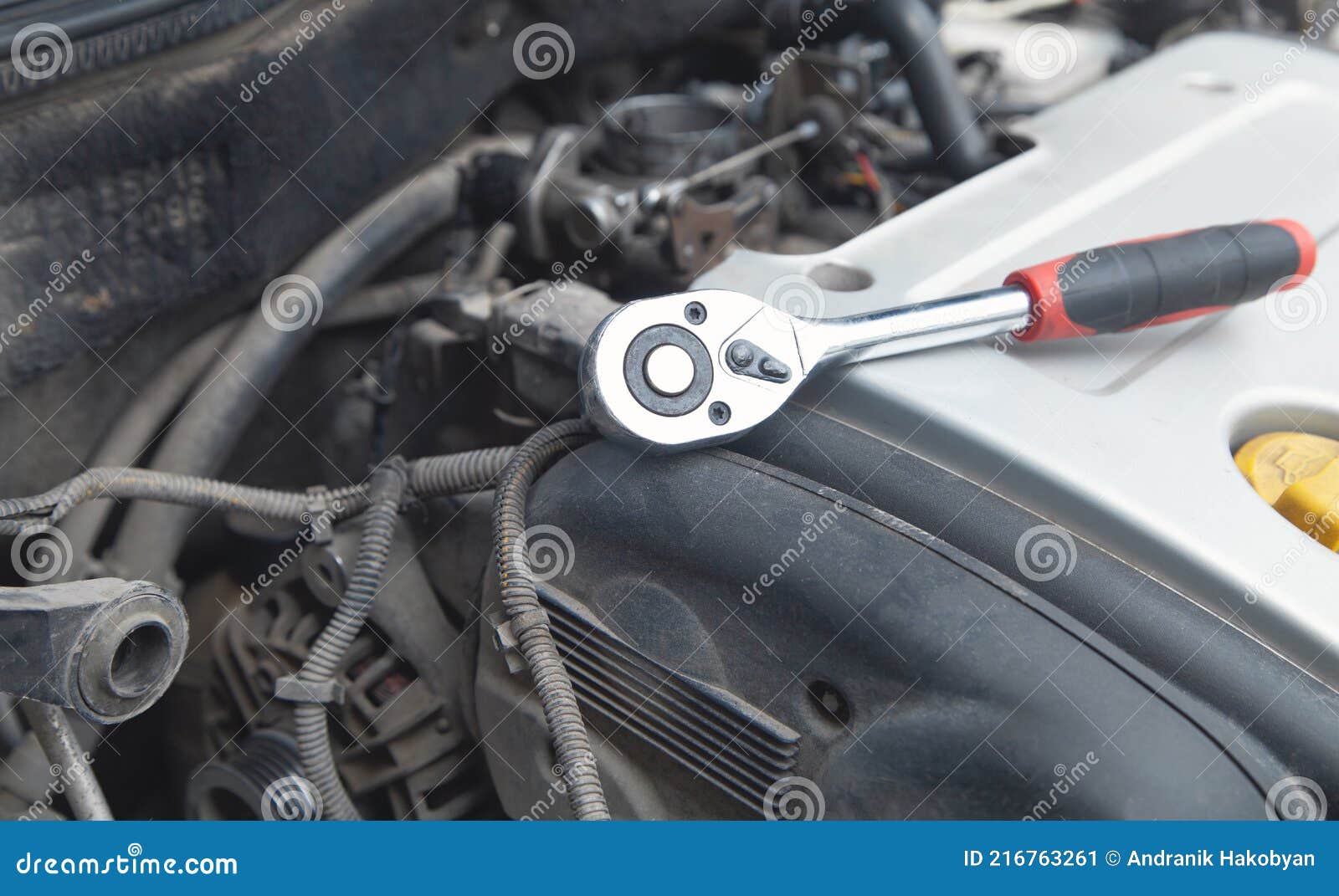 Ratchet Wrench on the Car Engine. Car Service Stock Image - Image of ...