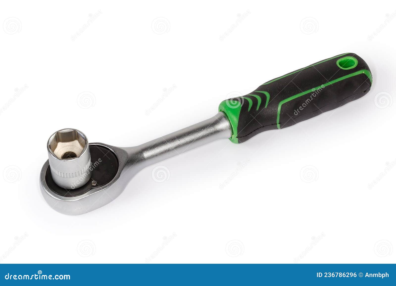 Ratchet Wrench with Inserted Hexagonal Socket on a White Background ...