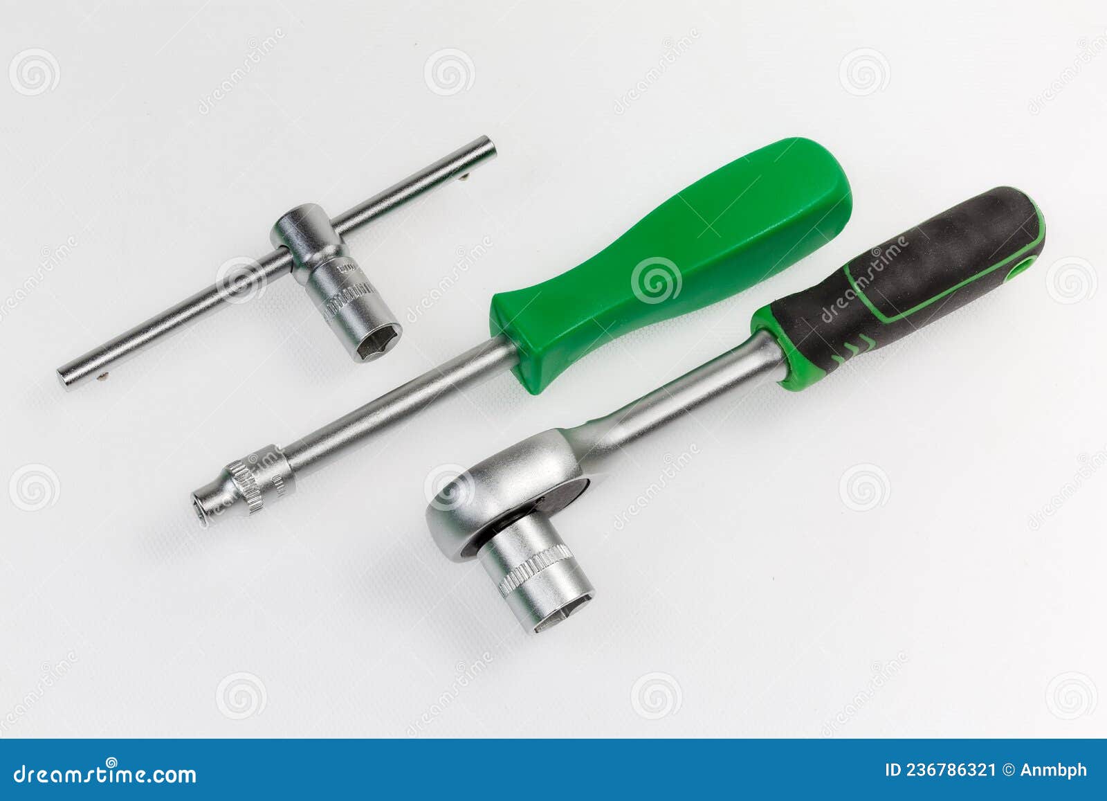 Ratchet Wrench, Nut Driver and T-handle with Hexagonal Sockets Stock ...