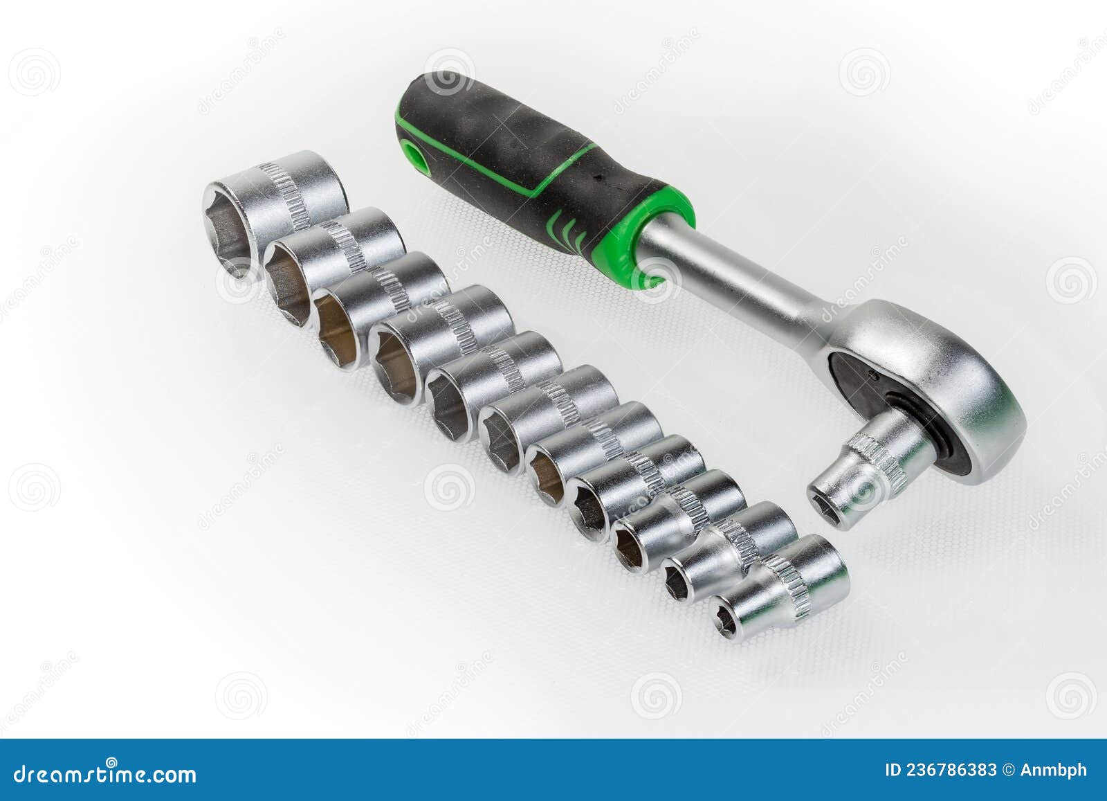 Ratchet Wrench and Set of Hexagonal Sockets Different Sizes Stock Image ...