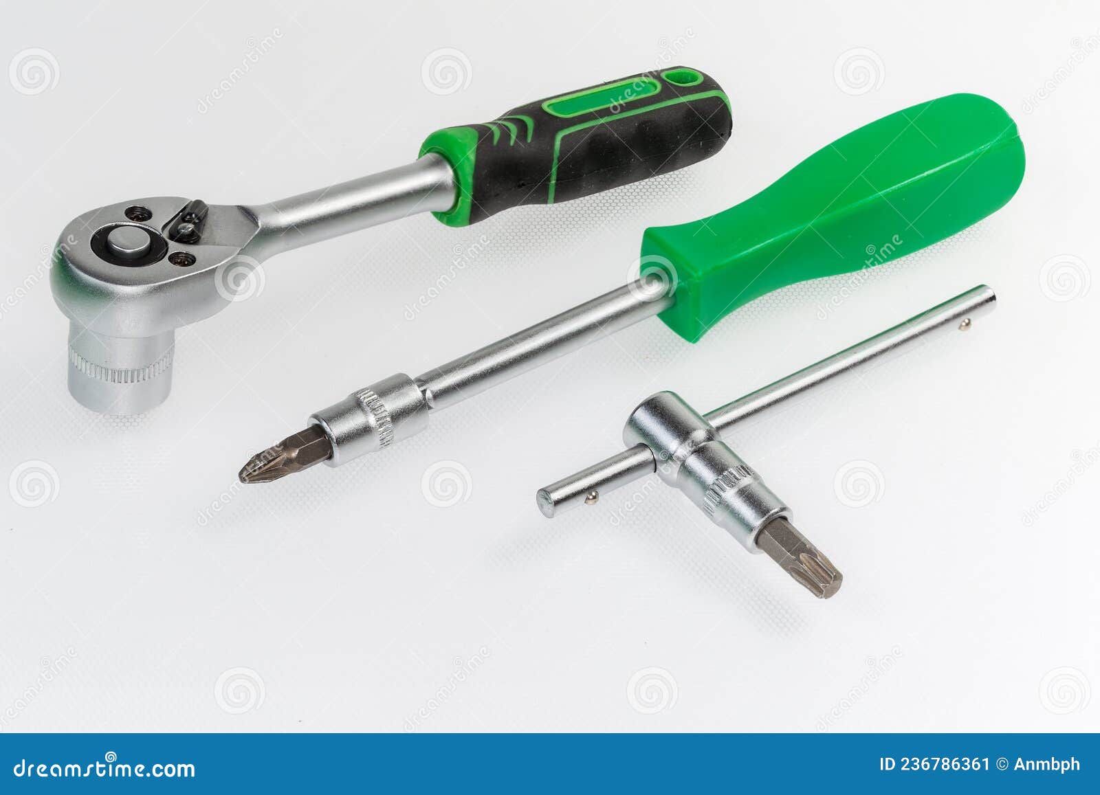 Ratchet Wrench with Socket, Nut Driver, T-handle with Bits Stock Image ...