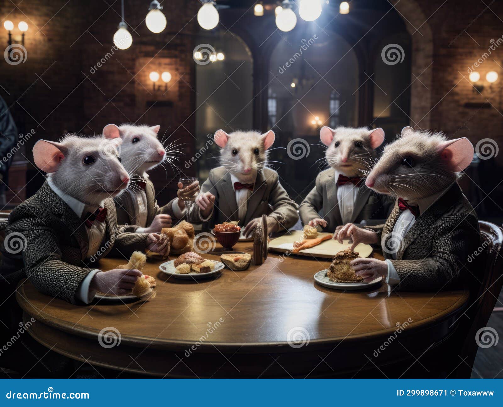 Rats in Suits Having a Business Lunch, with Pastries and Coffee Stock ...