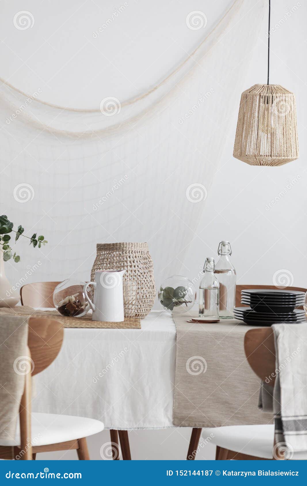 Rattan Lamp Above Table in Rustic Dining Room Stock Image - Image of ...