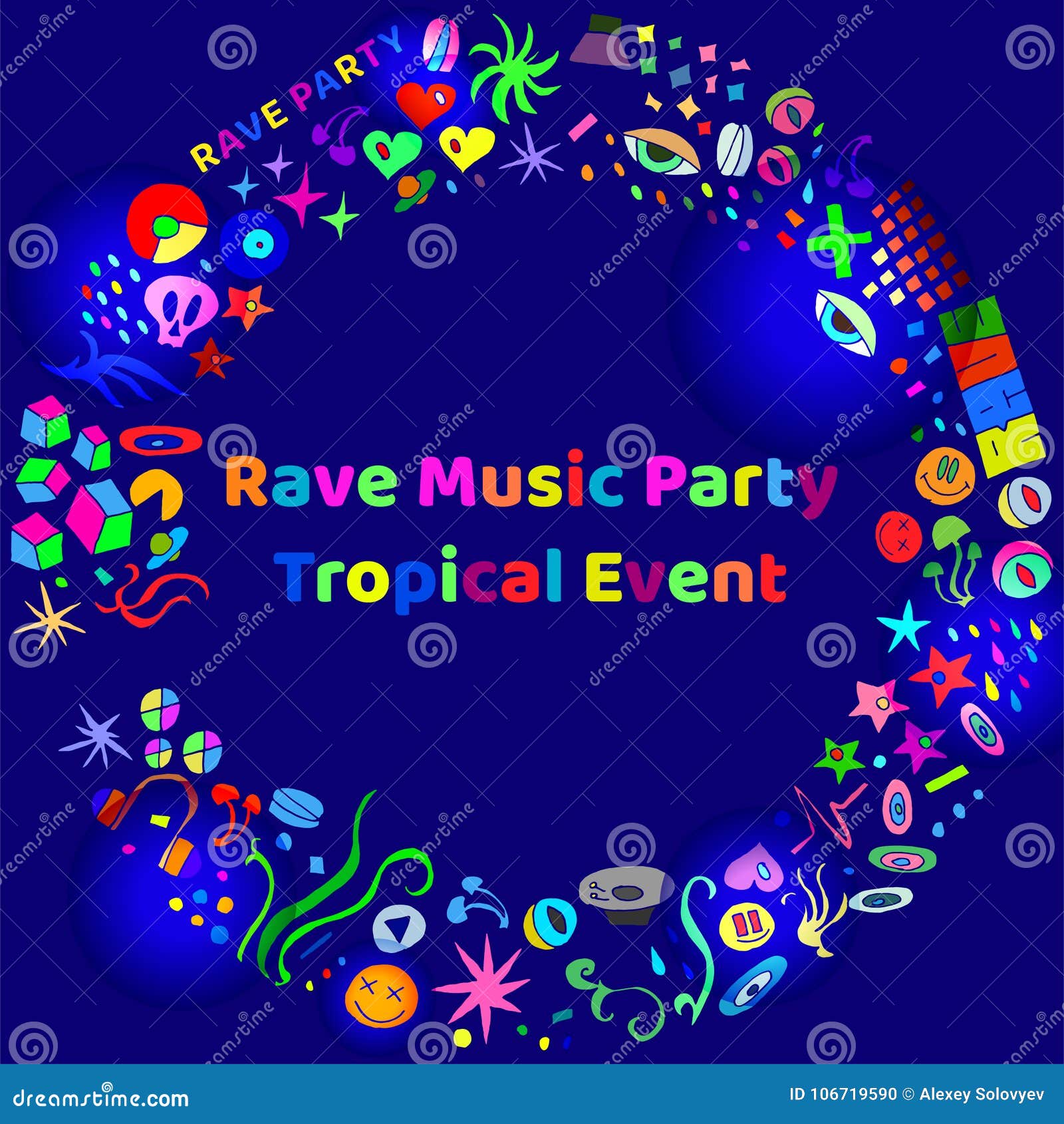 Rave Music Party Event Hand-drawn Elements Stock Vector - Illustration ...