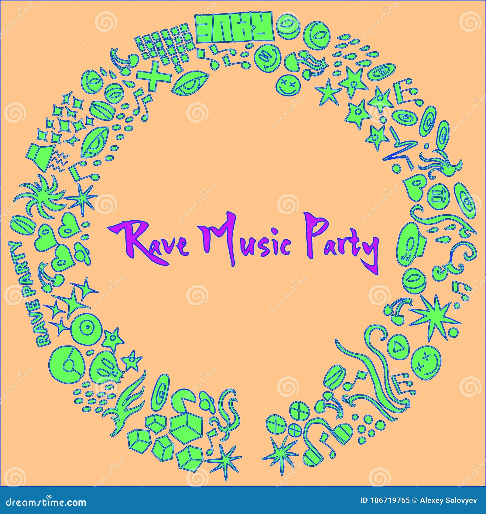 Rave Music Party Event Hand-drawn Elements Stock Vector - Illustration ...