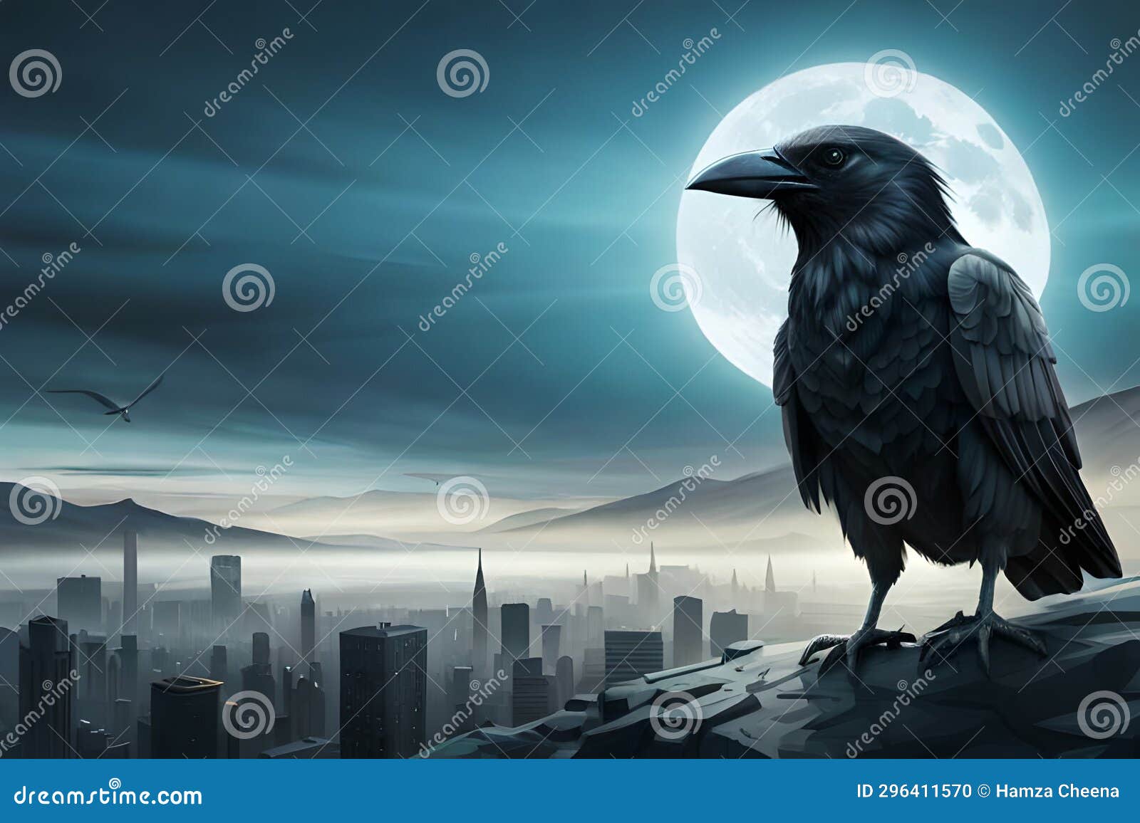 Raven bird behind of moon stock illustration. Illustration of moon ...