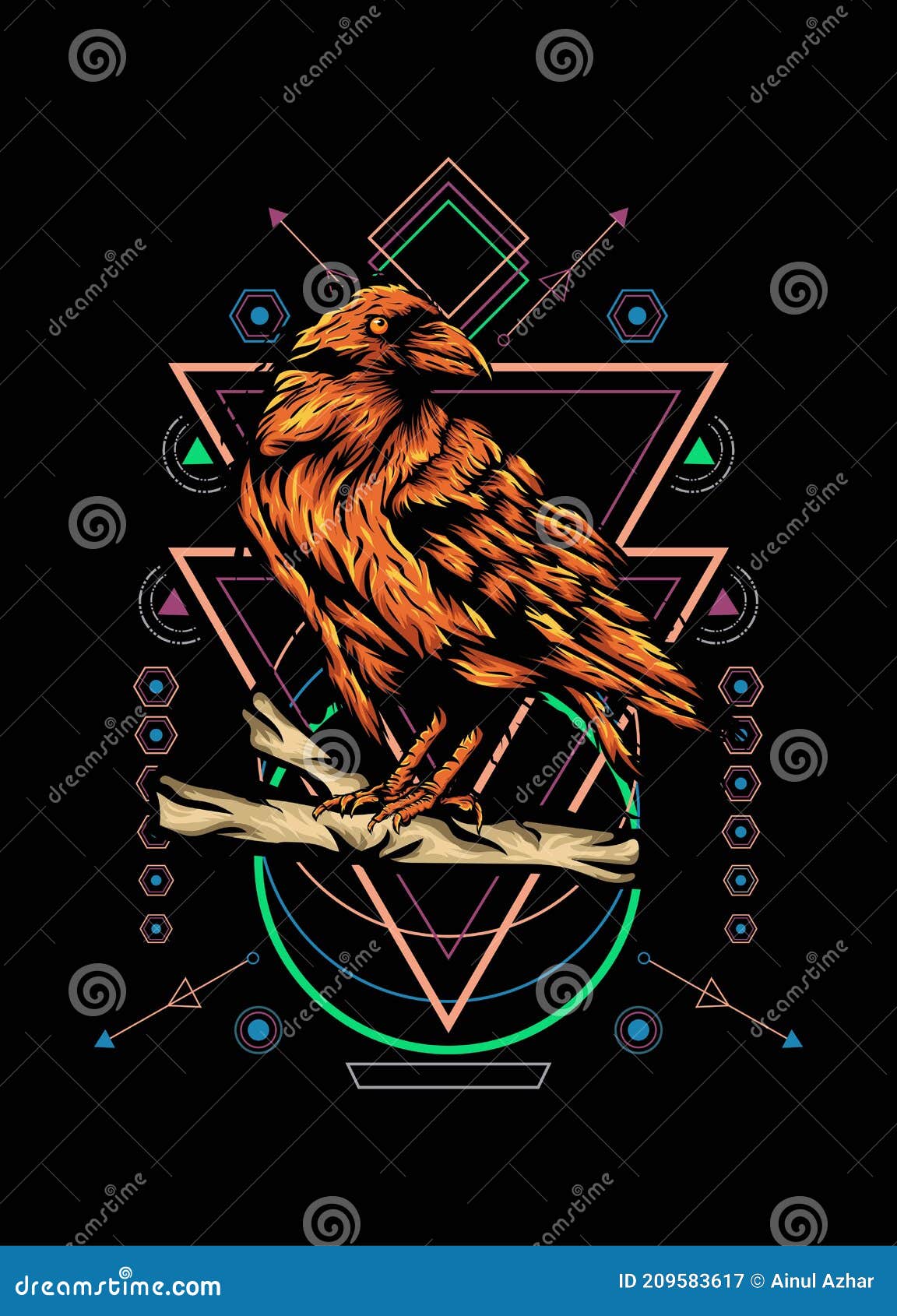 Raven, Bird Crow, Vector Illustration with Sacred Geometry Pattern ...