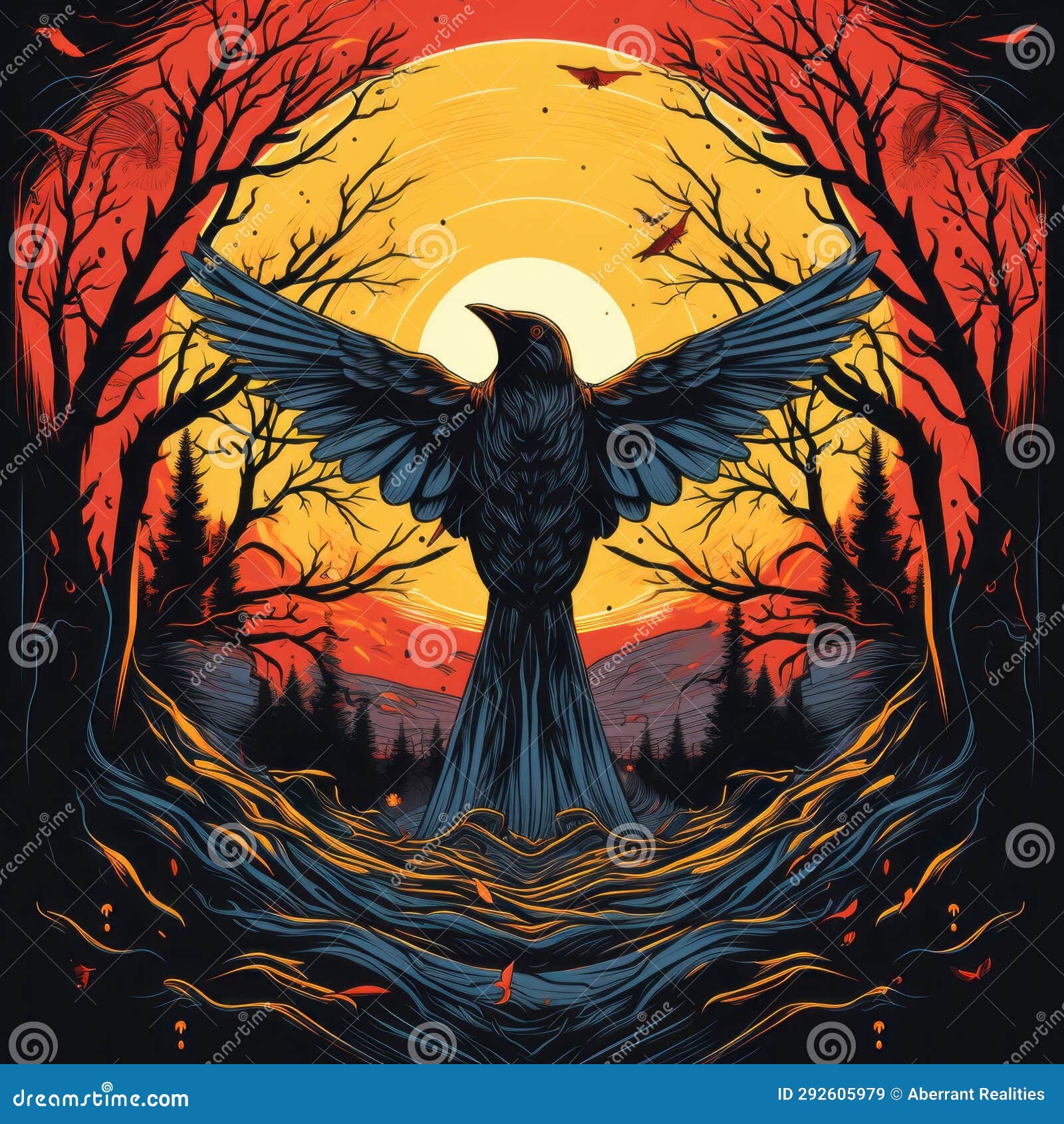 The Raven is Flying Over the Trees and the Sun is Setting in the ...