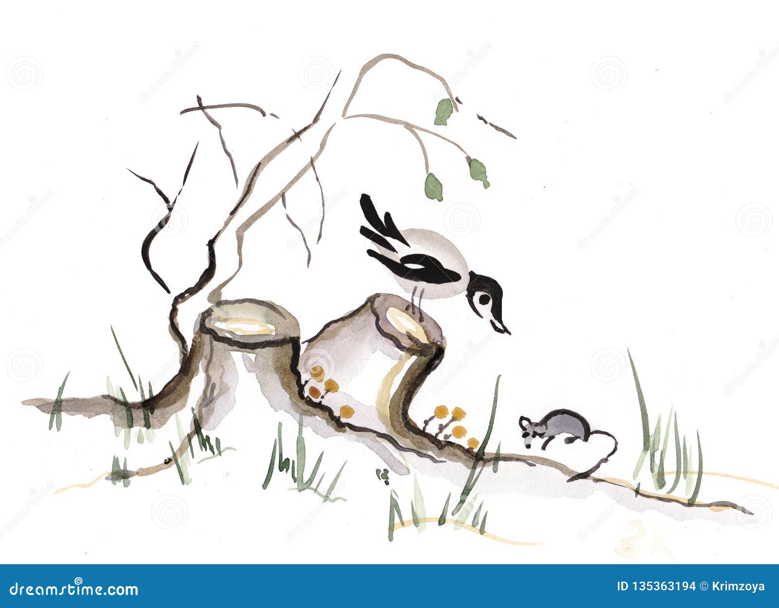 Raven and mouse stock illustration. Illustration of grass - 135363194
