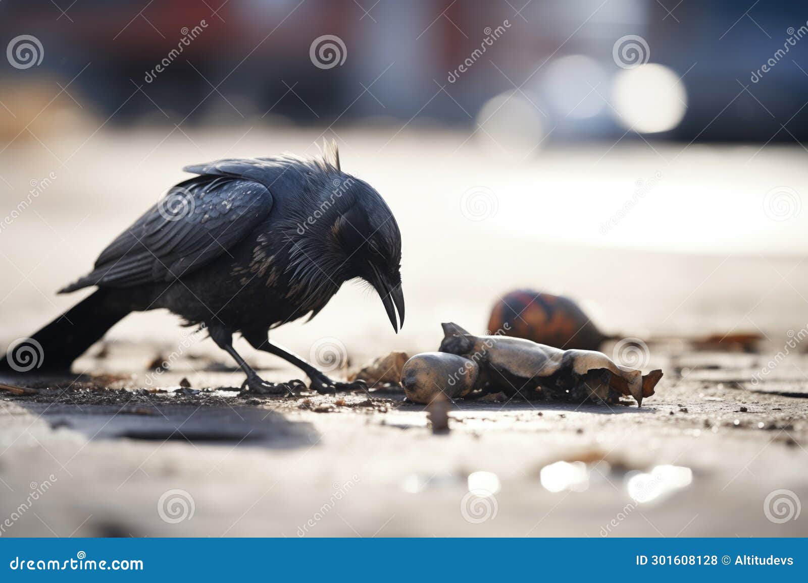 Raven Pecking at Shiny Objects on the Ground Stock Photo - Image of ...