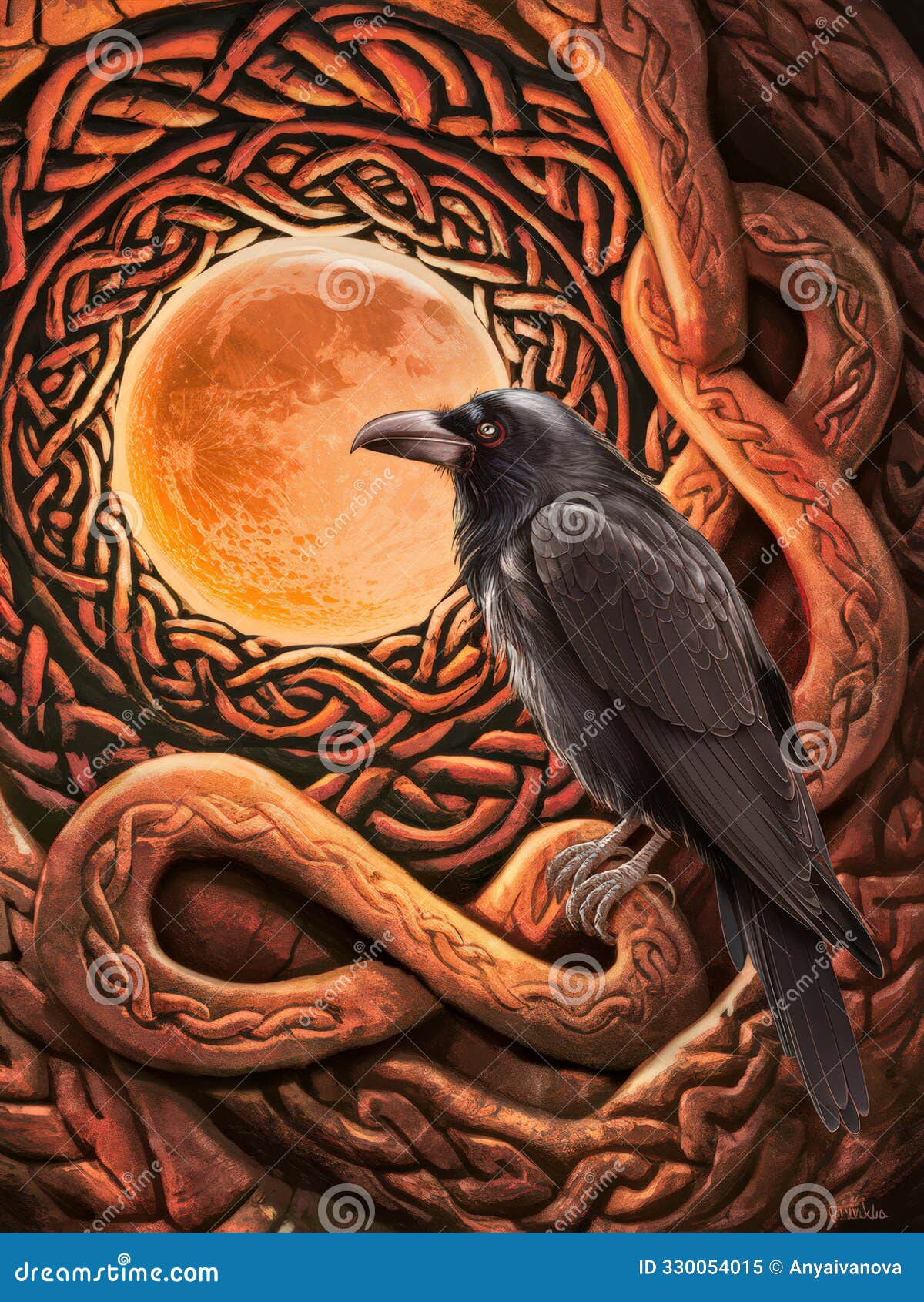 Raven Perched Against Celtic Knotwork and Glowing Moon Stock Image ...