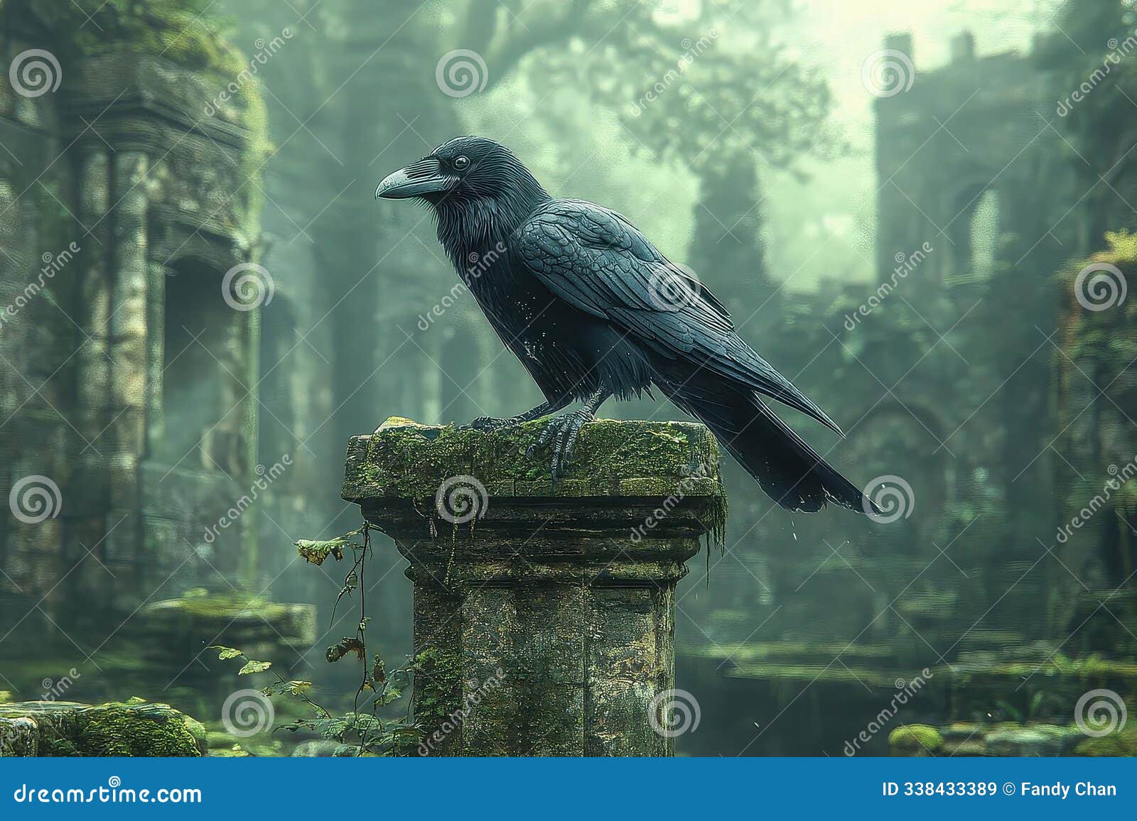 Raven Perched on a Stone Pillar in a Mystical Forest Stock Illustration ...