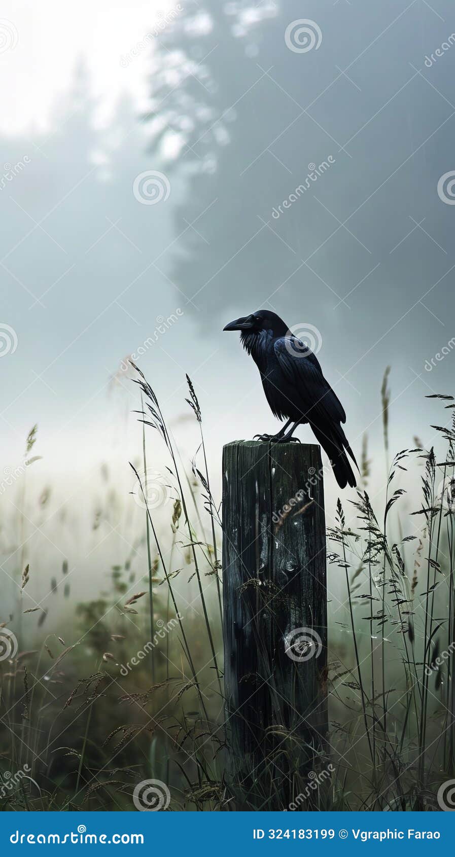 Raven Perched on a Wooden Post in a Misty Field Stock Image - Image of ...