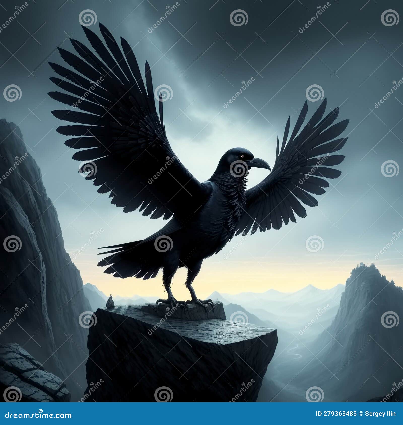 Raven Sitting on Rock in the Night during Full Moon. Generative AI ...