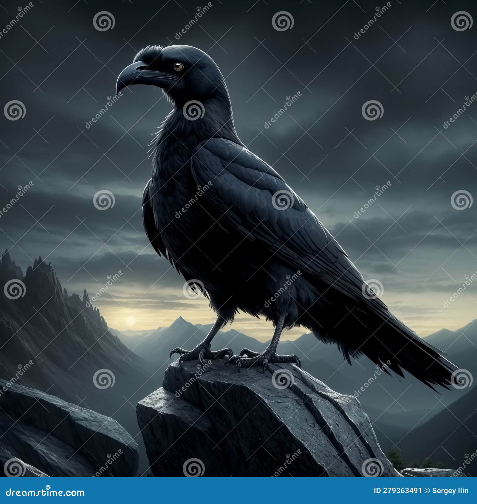 Raven Sitting on Rock in the Night during Full Moon. Generative AI ...