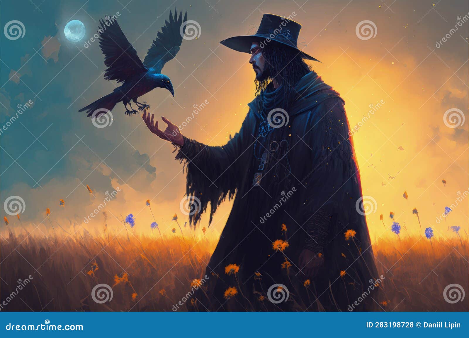 Raven Wizard Casting Enchantment in the Enigmatic Meadow during Solar ...