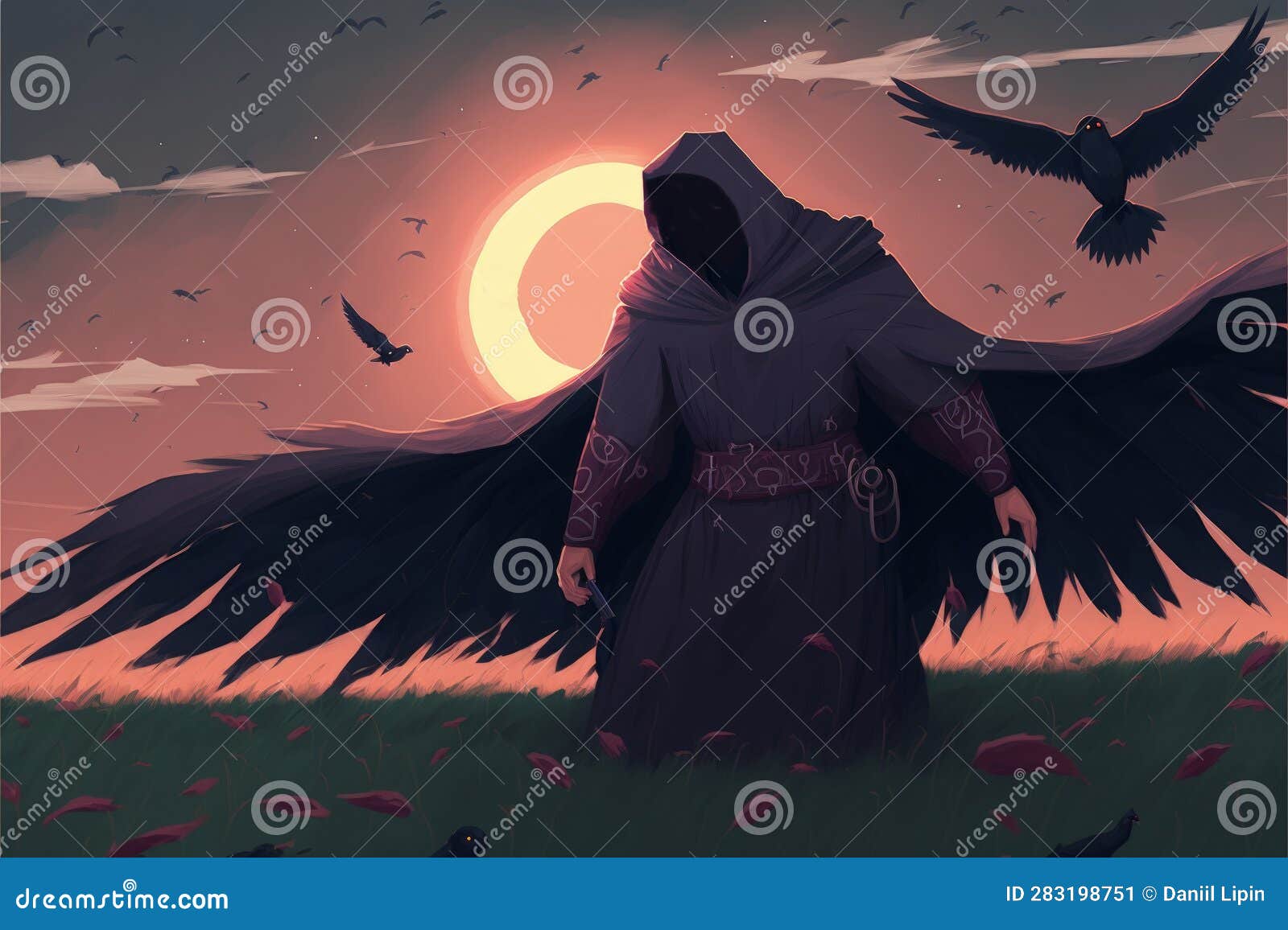 Raven Wizard Casting Enchantment in the Enigmatic Meadow during Solar ...