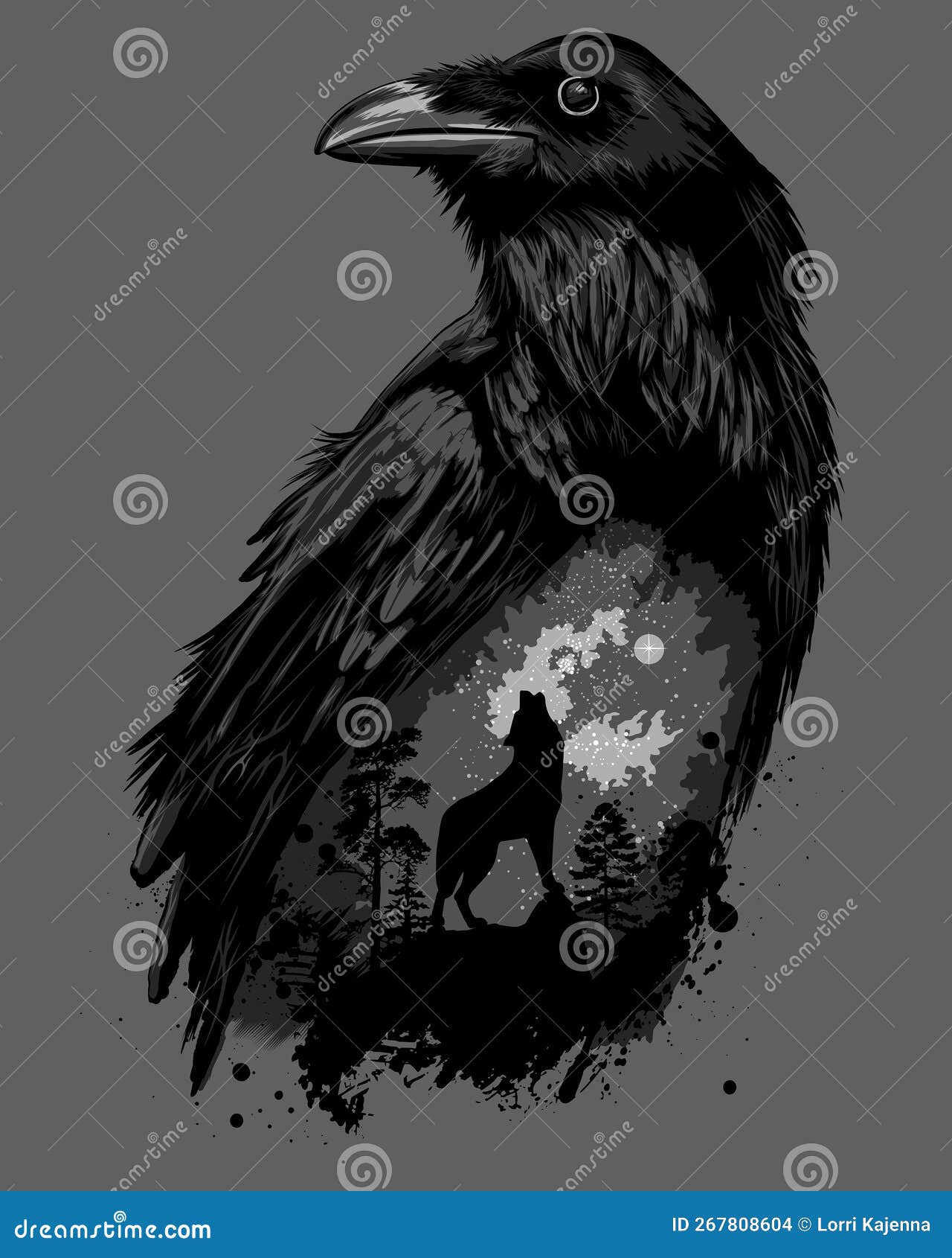 Raven and Wolf that Howls at the Moon Stock Illustration - Illustration of beak, bird: 267808604