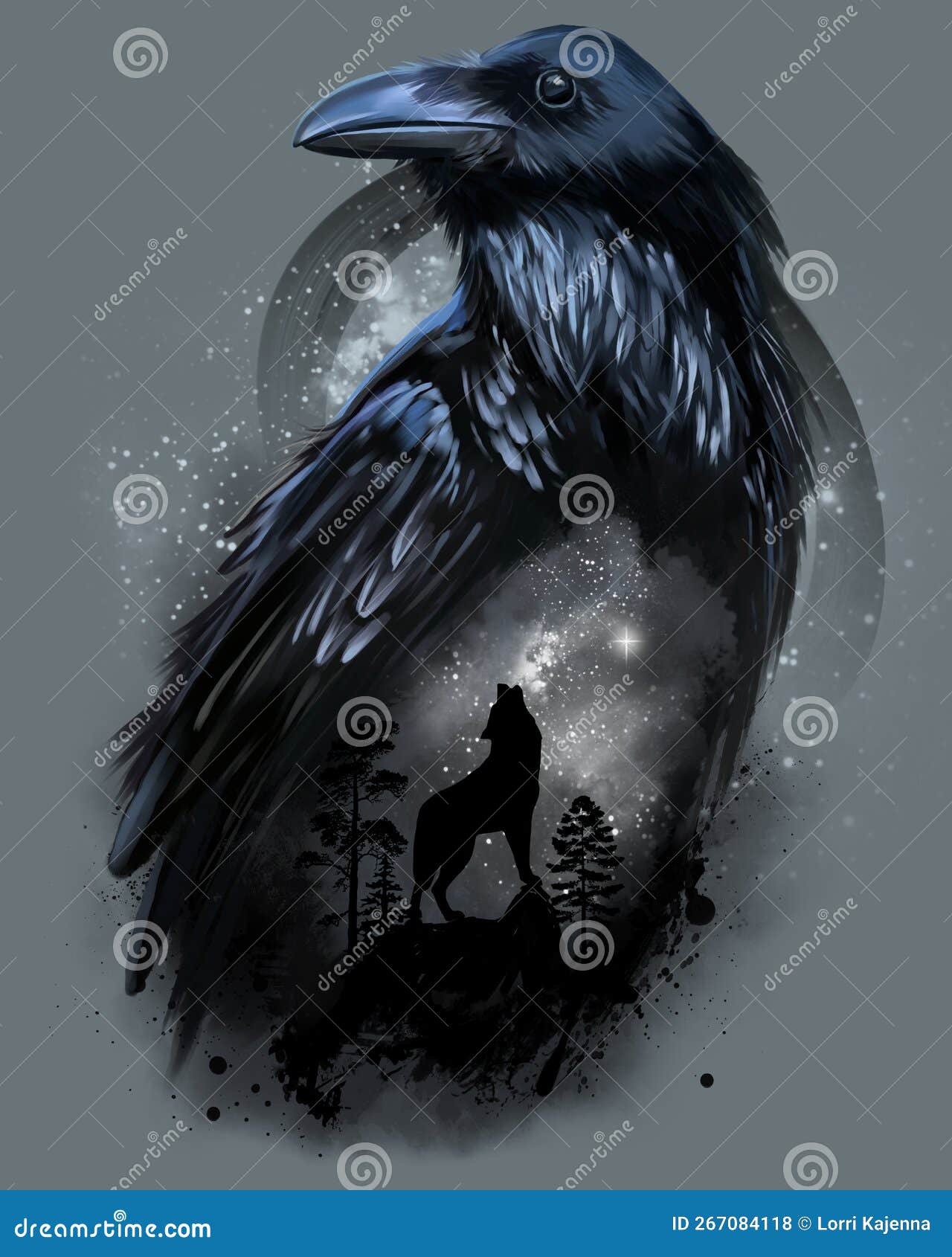 Raven and Wolf that Howls at the Moon Stock Illustration - Illustration ...