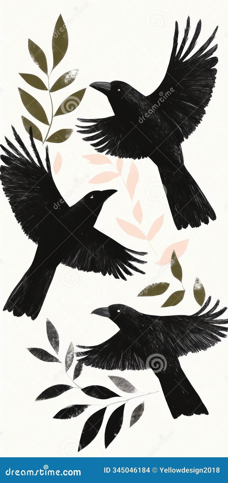 Ravens in Flight with Abstract Botanical Elements Illustration Stock ...