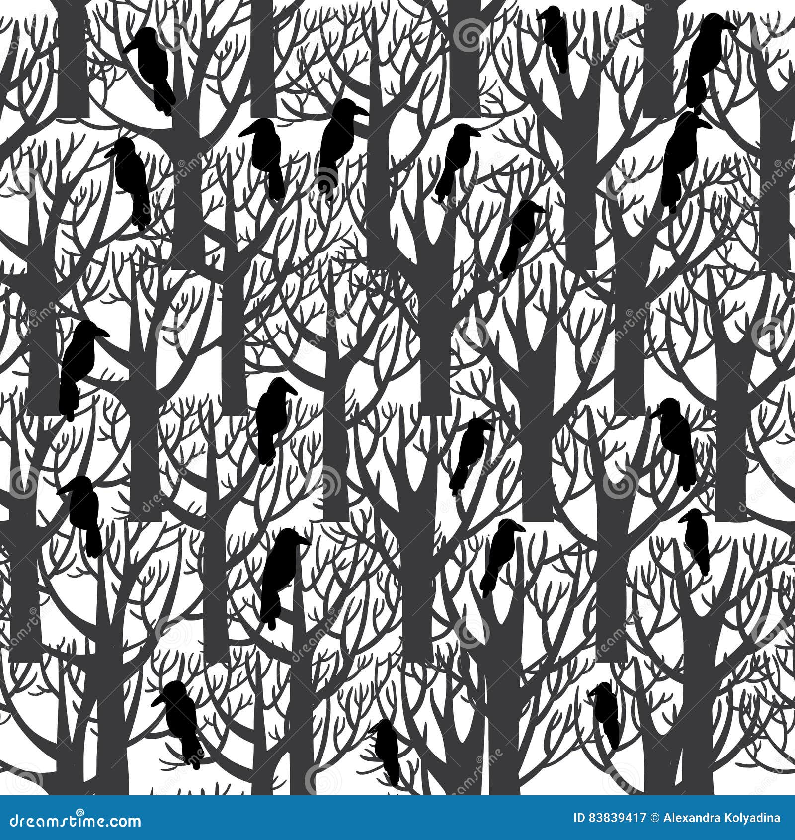 Ravens Sitting on Tree Seamless Stock Vector - Illustration of raven ...
