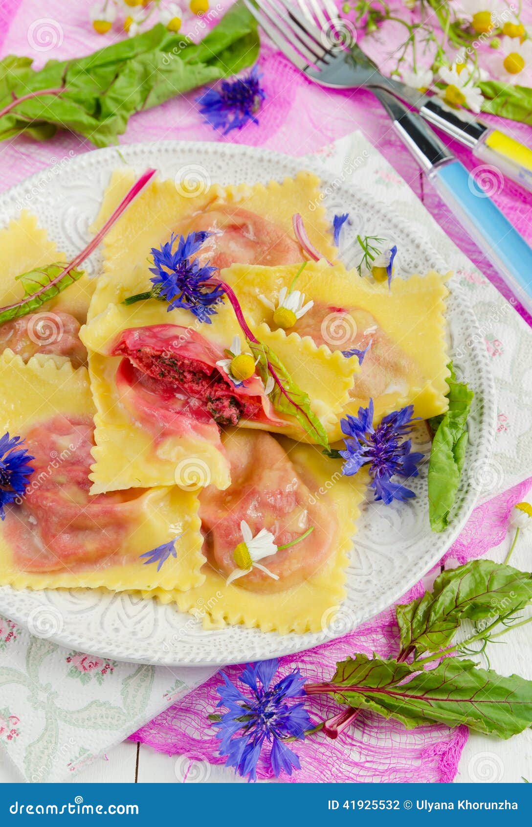 Ravioli with Beets and Ricotta Chese Stock Photo - Image of bright ...