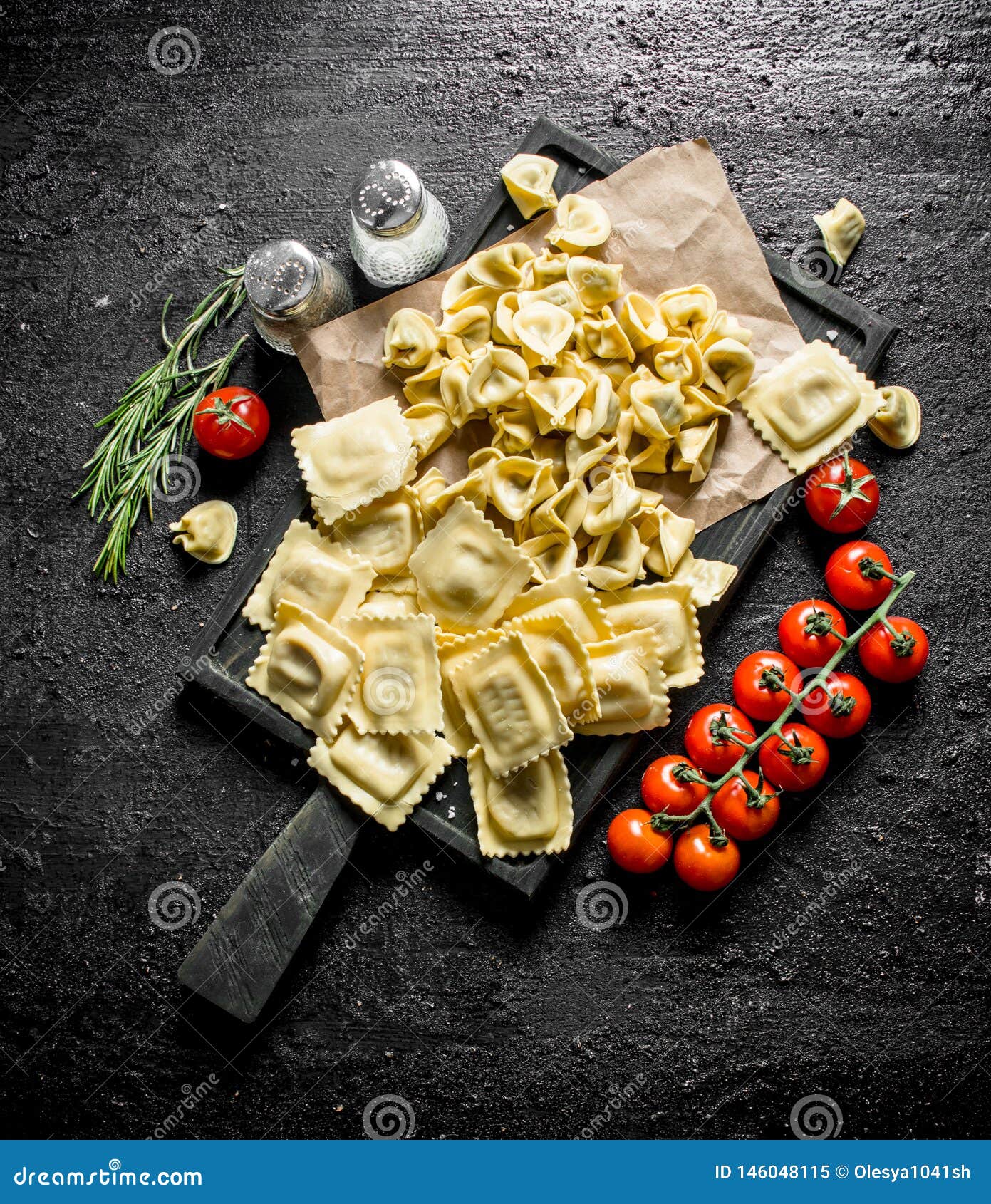 Ravioli and Dumpling Raw with Tomatoes, Rosemary and Spices Stock Image ...