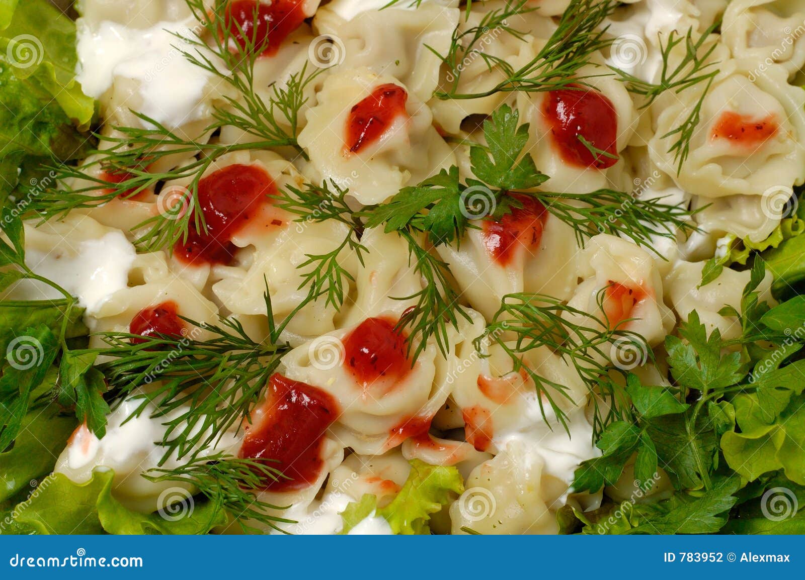 Ravioli with Greens Sour Cream and Ketchup Dish Stock Photo - Image of ...