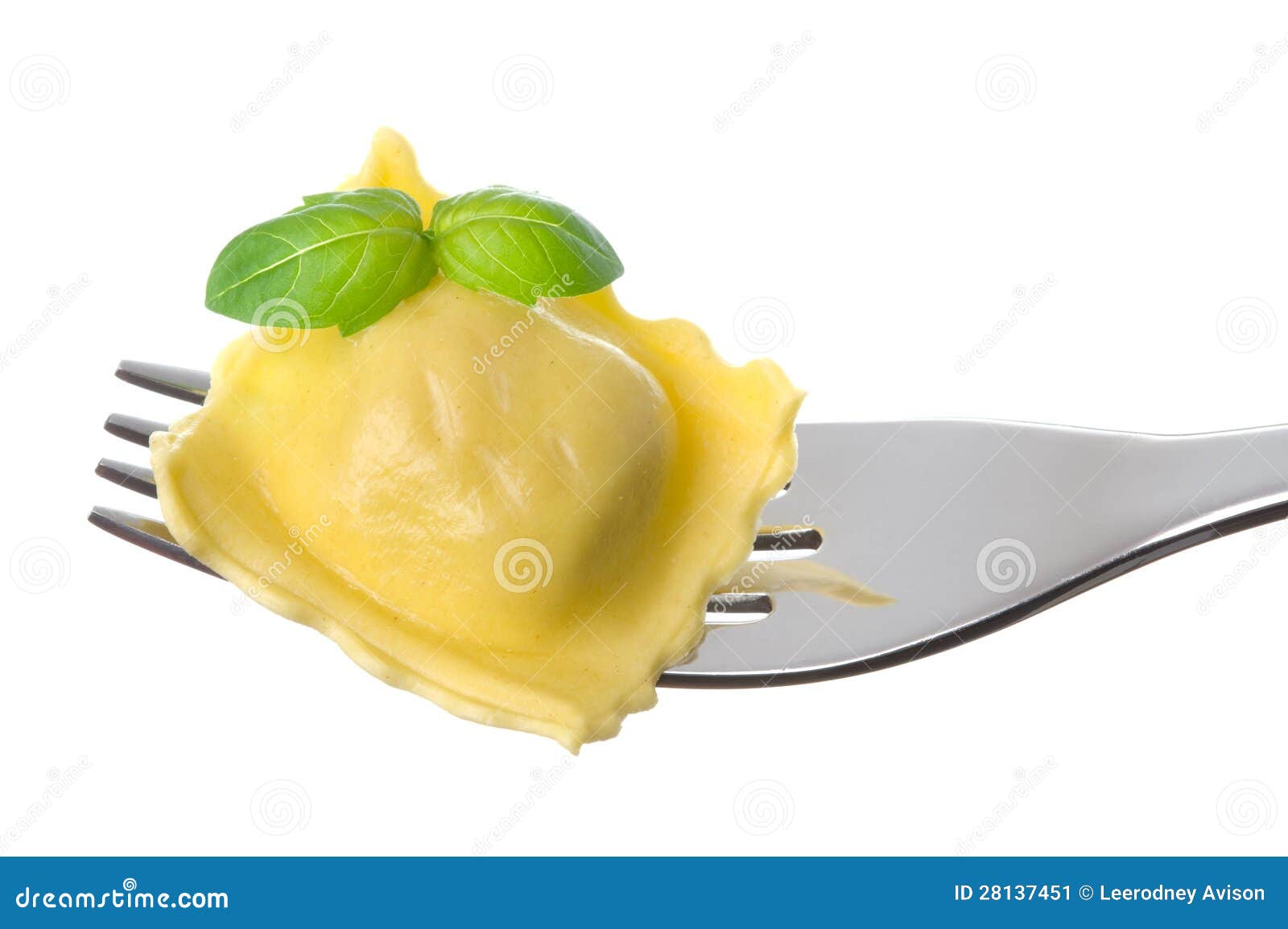 Ravioli Pasta Parcel and Basil Garnish on Fork Stock Image - Image of ...