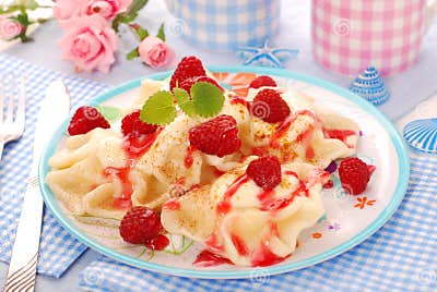 Ravioli (pierogi) with Cheese and Raspberry Stock Photo - Image of ...