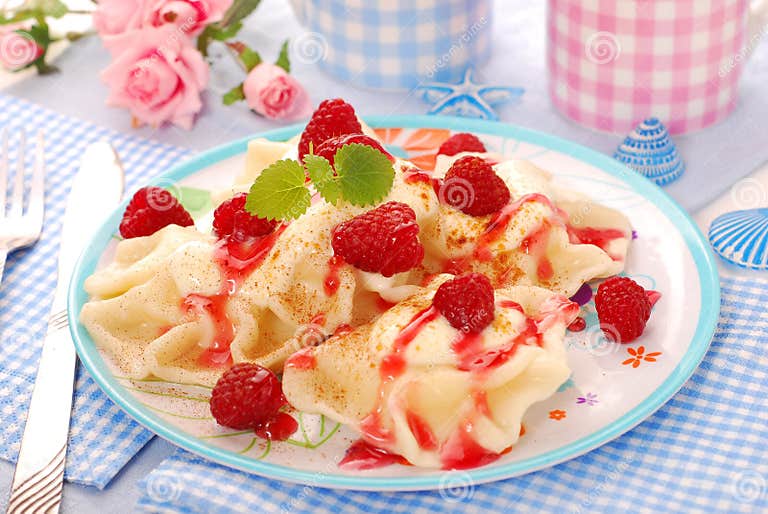 Ravioli (pierogi) with Cheese and Raspberry Stock Photo - Image of ...