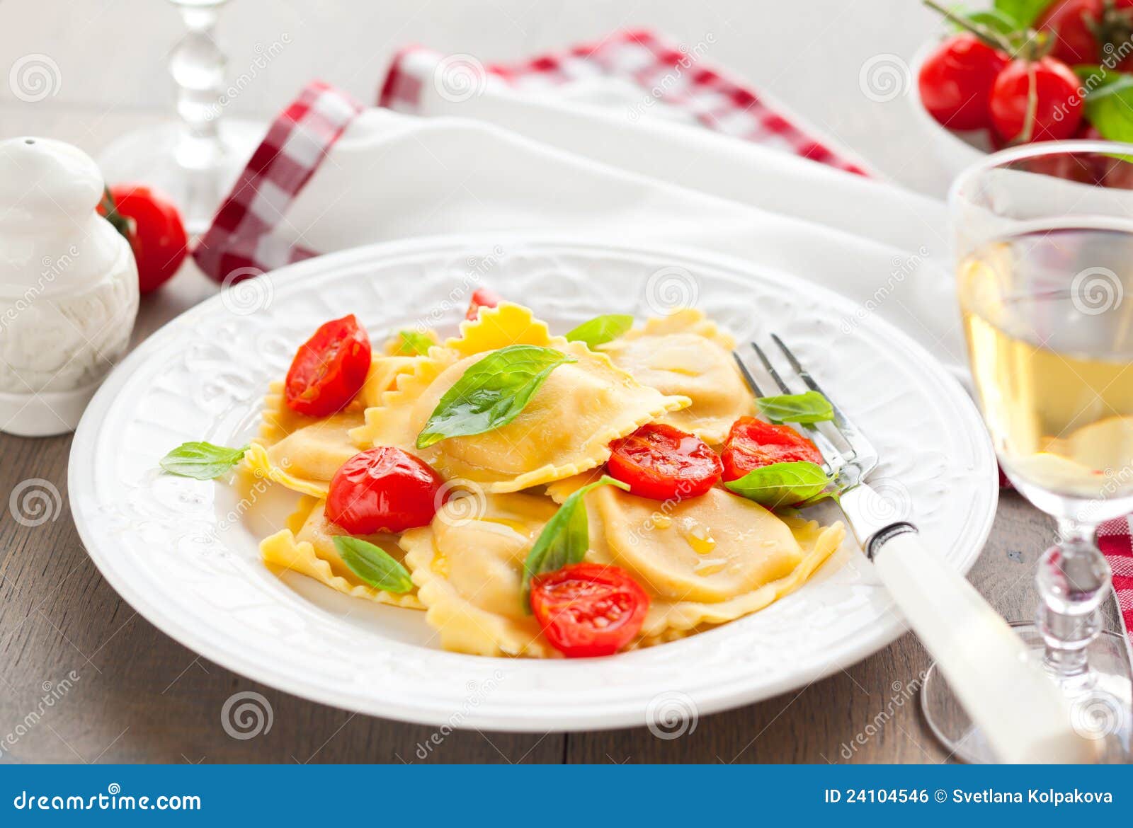 Ravioli with Tomatoes and Basil Stock Photo - Image of dish, gourmet ...