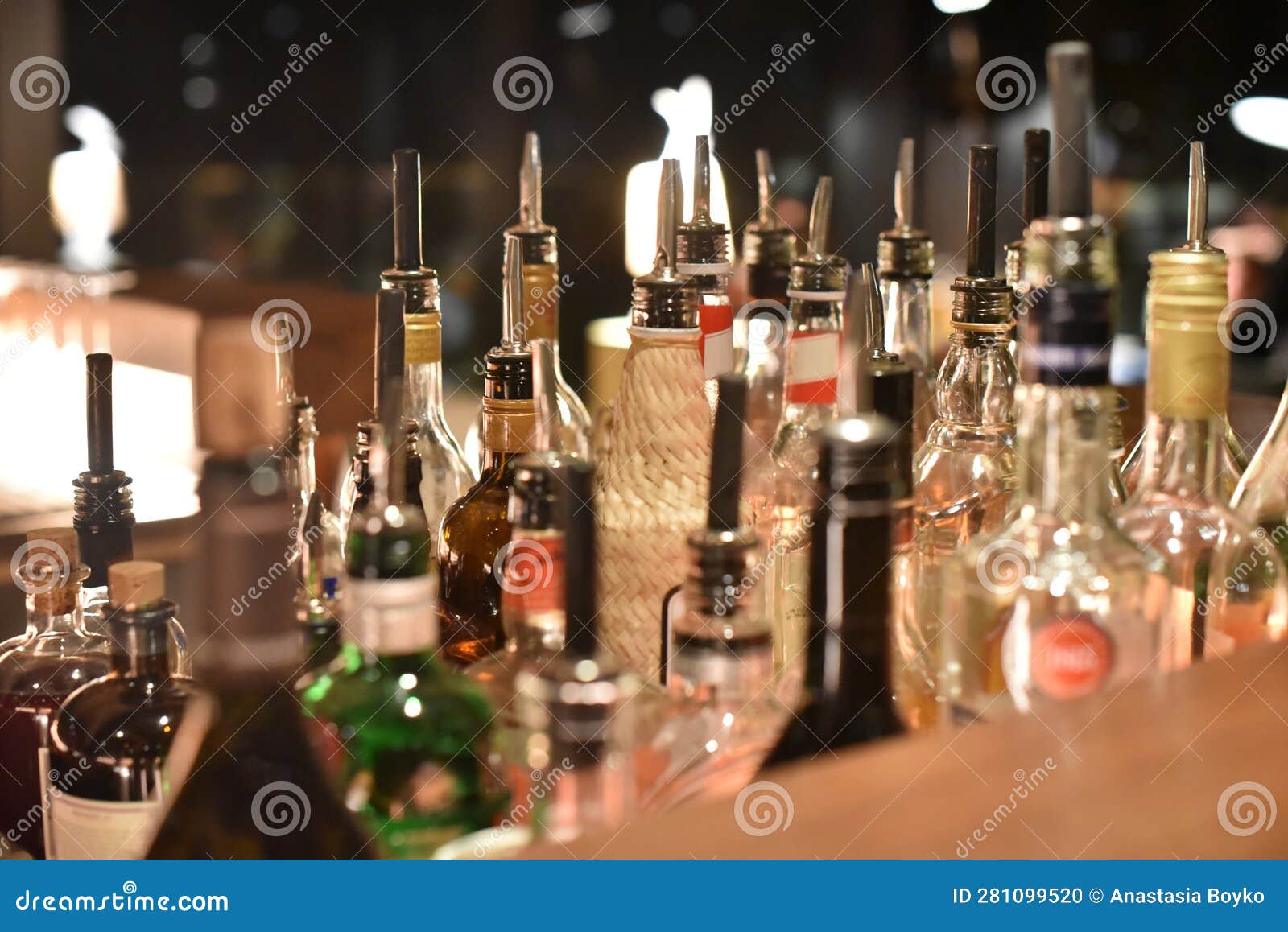 Raw of Alcohol Bottles in the Bar Table Close Up Stock Photo - Image of ...